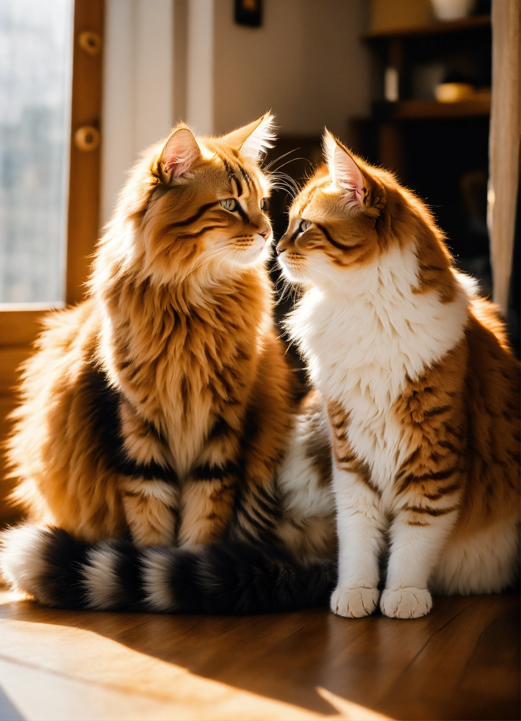 Lexica - Photo of two fluffy cats, one with ginger fur and the other ...
