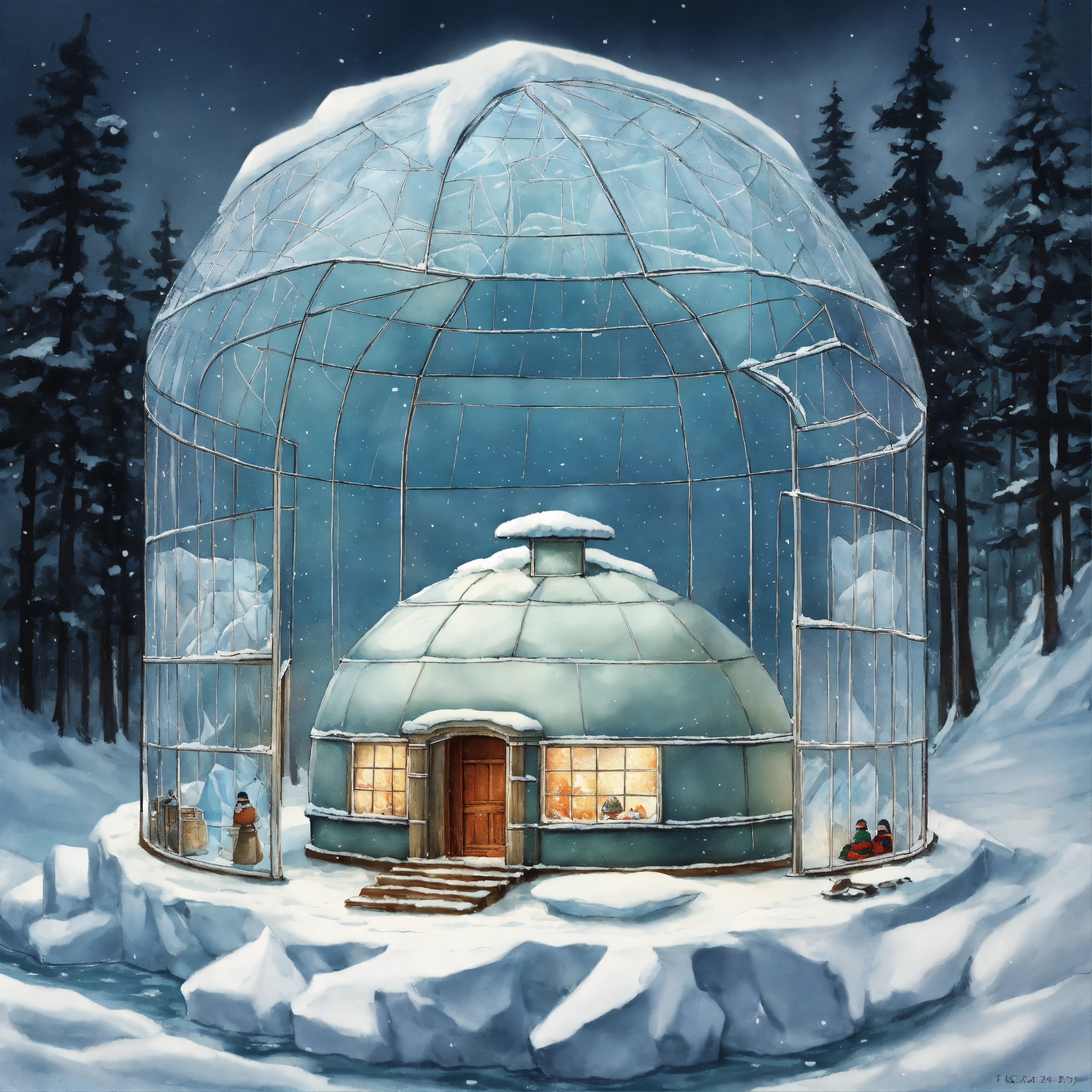 Lexica - A detailed illustration of a igloo on a floating iceberg in a ...