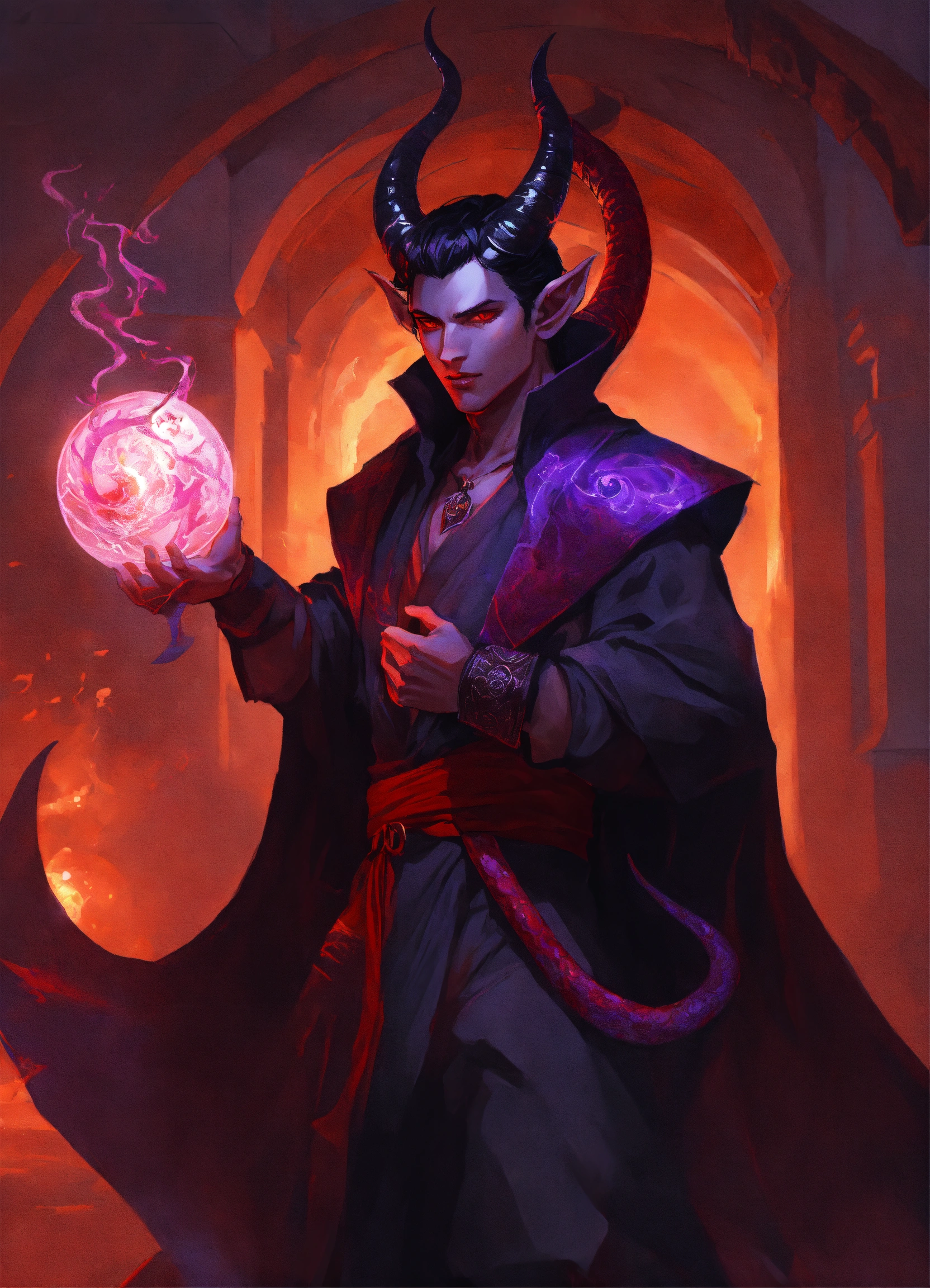 Lexica - A D&D Tiefling with pale red skin and red snake like eyes. He ...