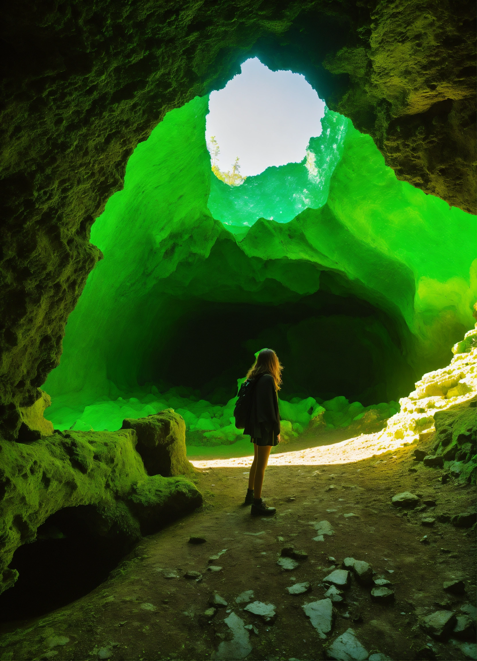 Lexica - Wide angle environmental shot of green explosion in a cave ...