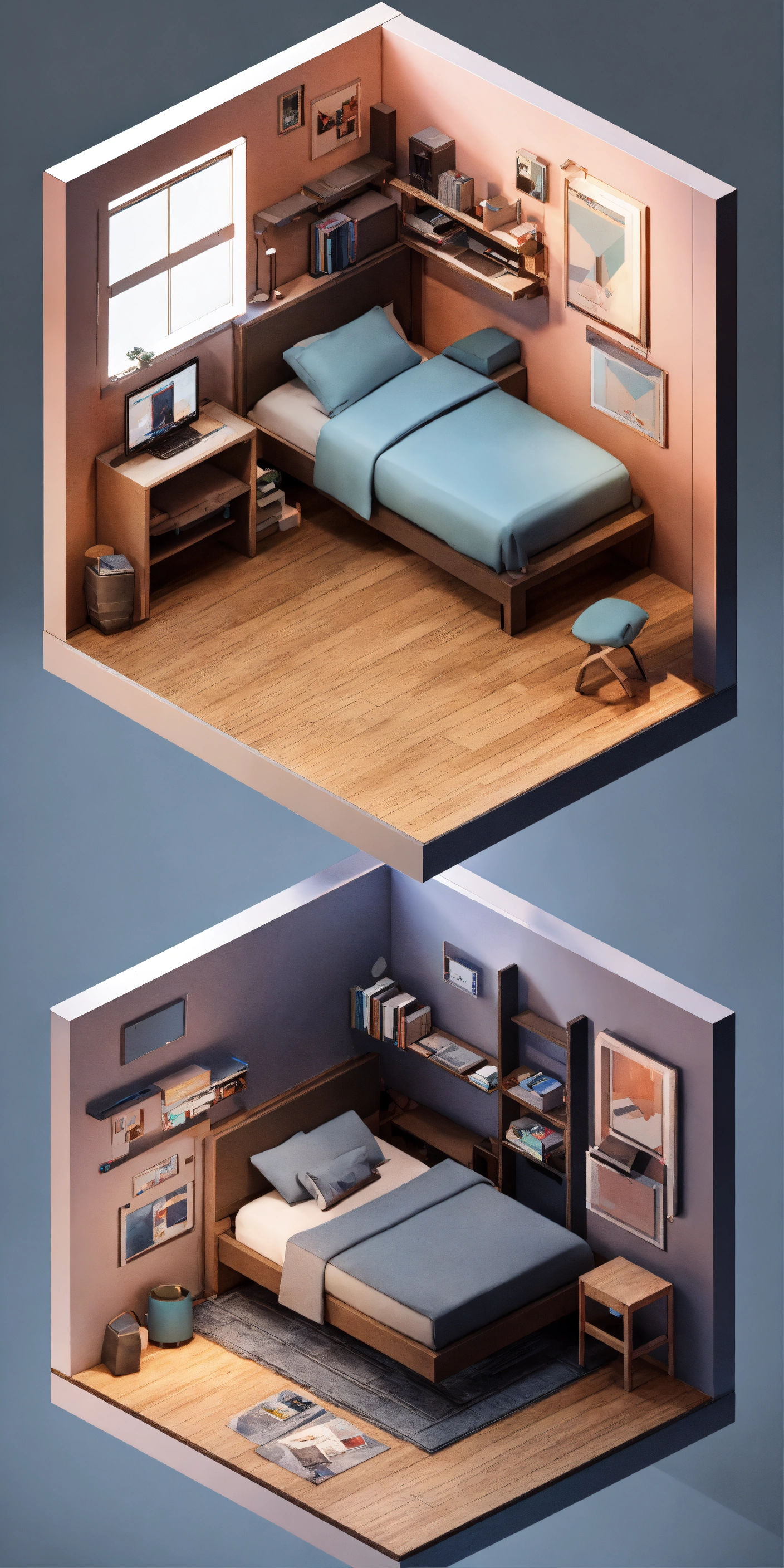 Lexica - Cube cutout of an isometric programmer bedroom, 3d art, muted ...
