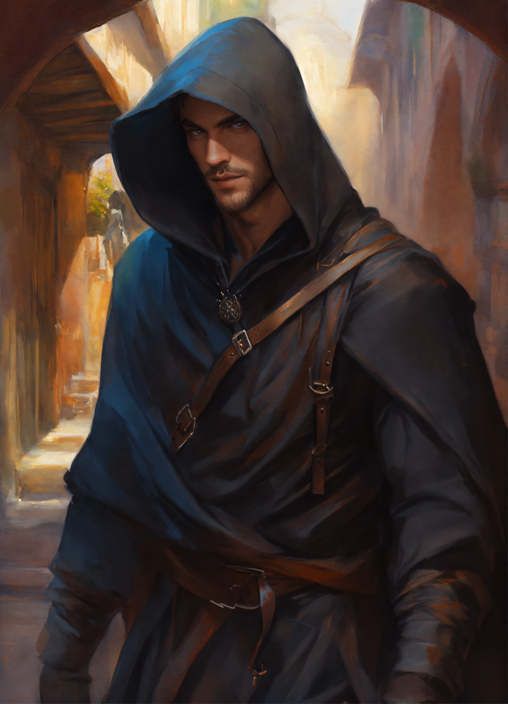 Lexica - Fantasy Painting, medieval male mystic Thief in black hood ...