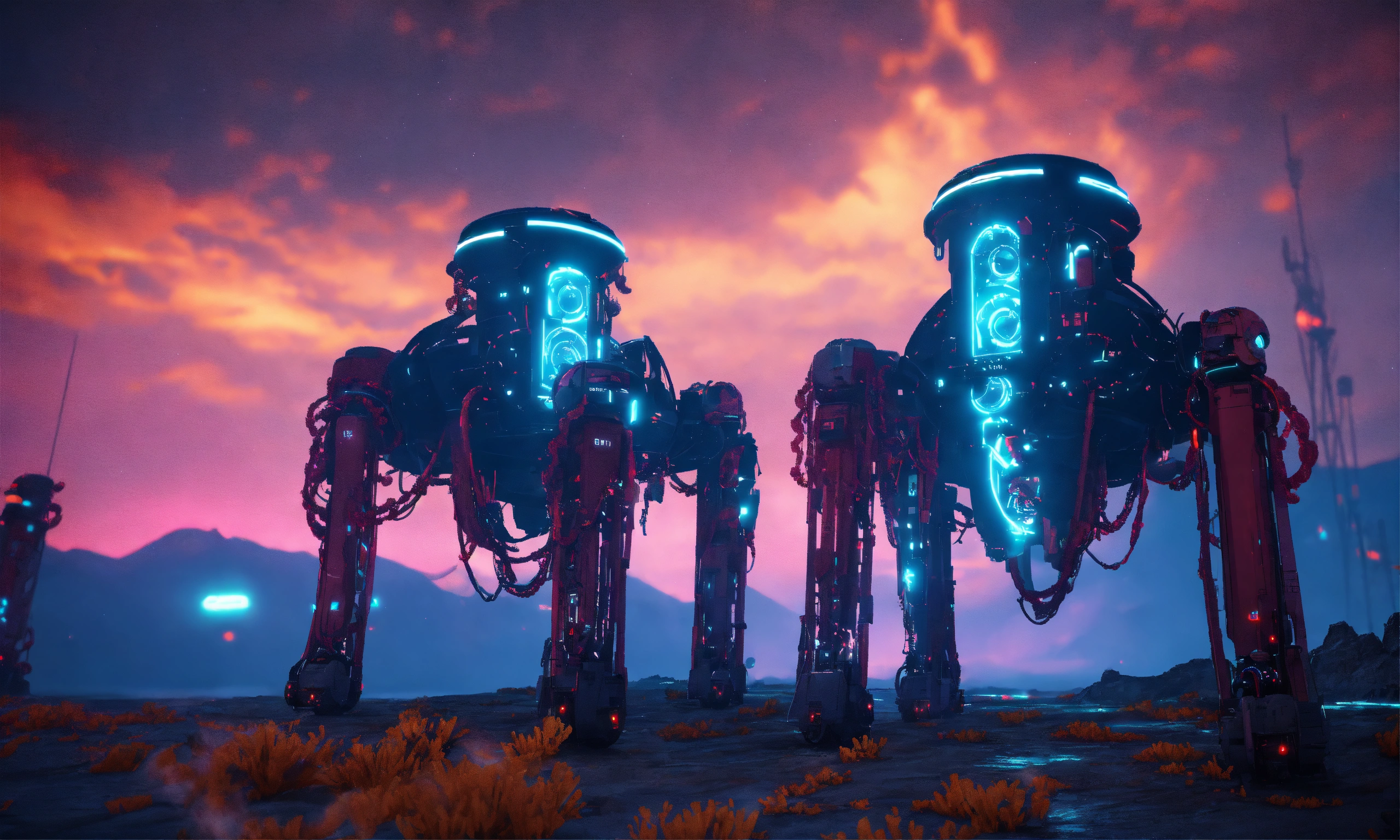 Lexica - 5 hovering evil bots with robotic tentacles, barren landscape ...