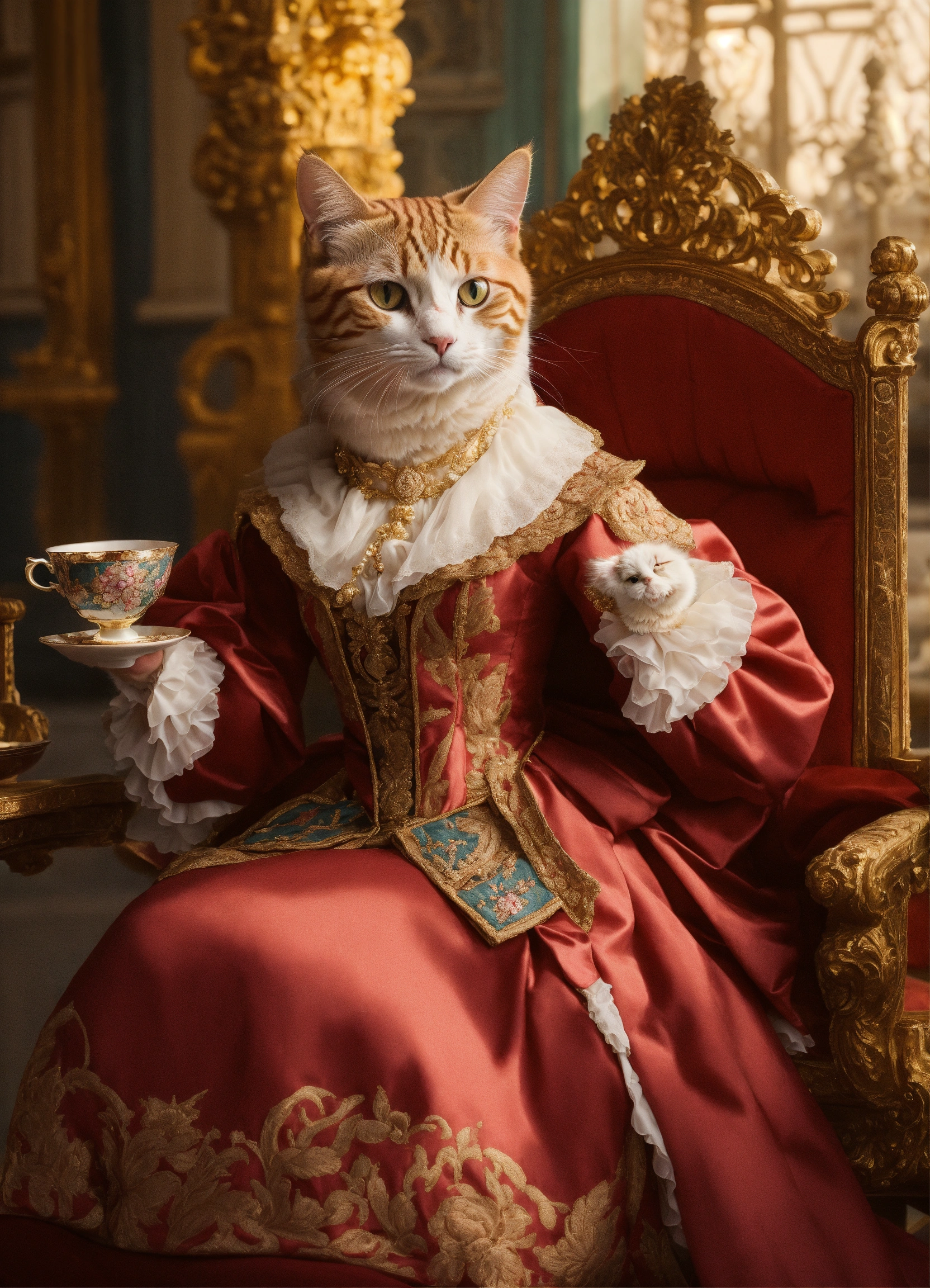 Lexica - A cat in the attire of a royal court lady, sitting in a palace ...