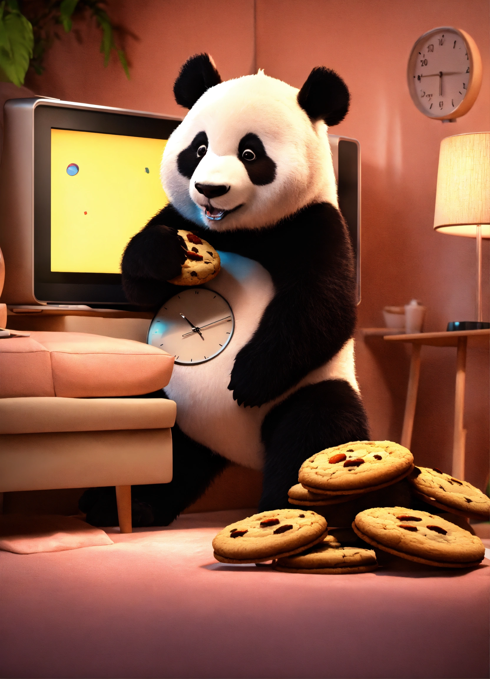 Lexica - 3d image of a small panda watching cartoons on a very large ...