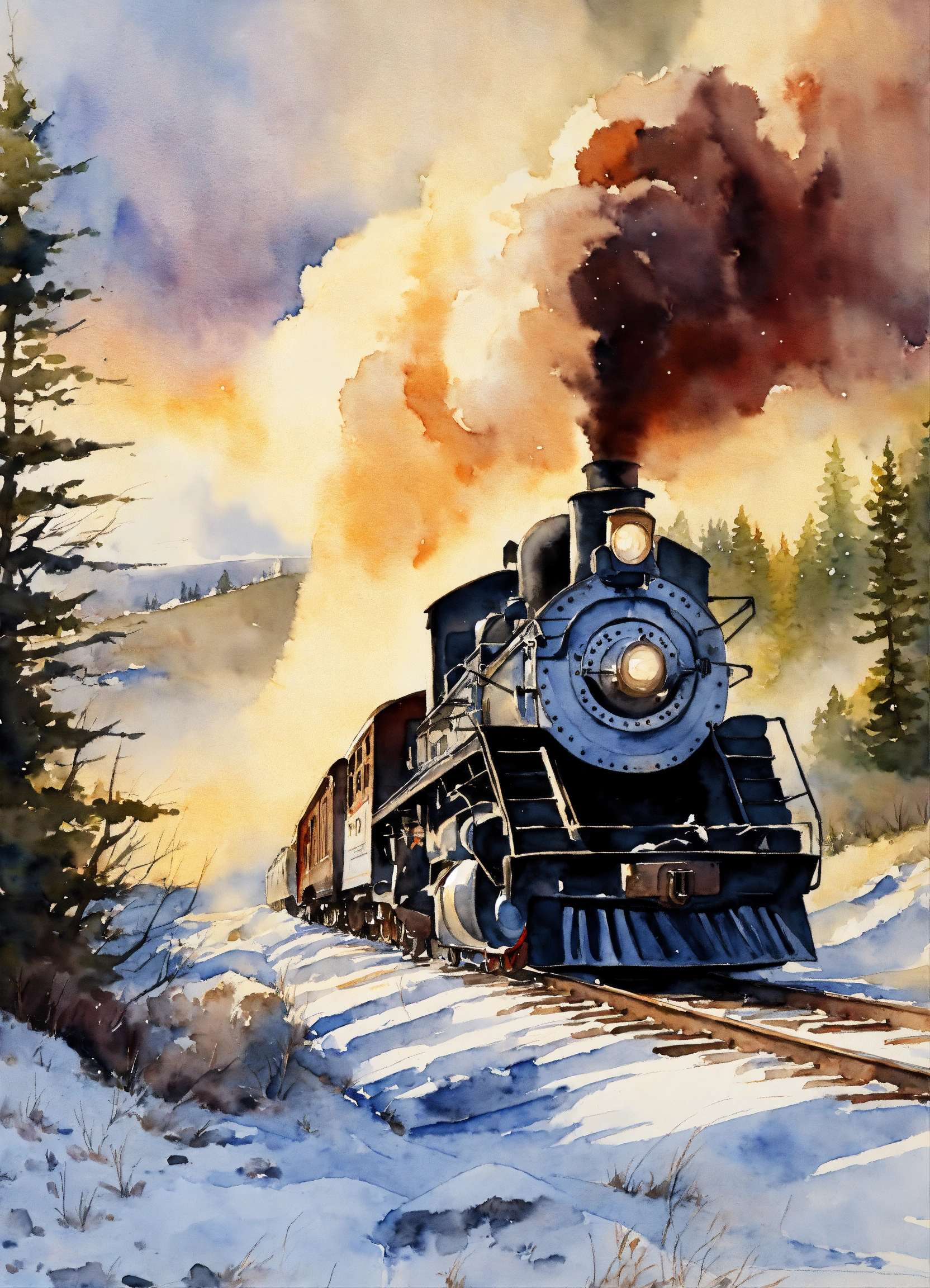 Lexica - Create a watercolor painting of an old Western Railroad Train ...