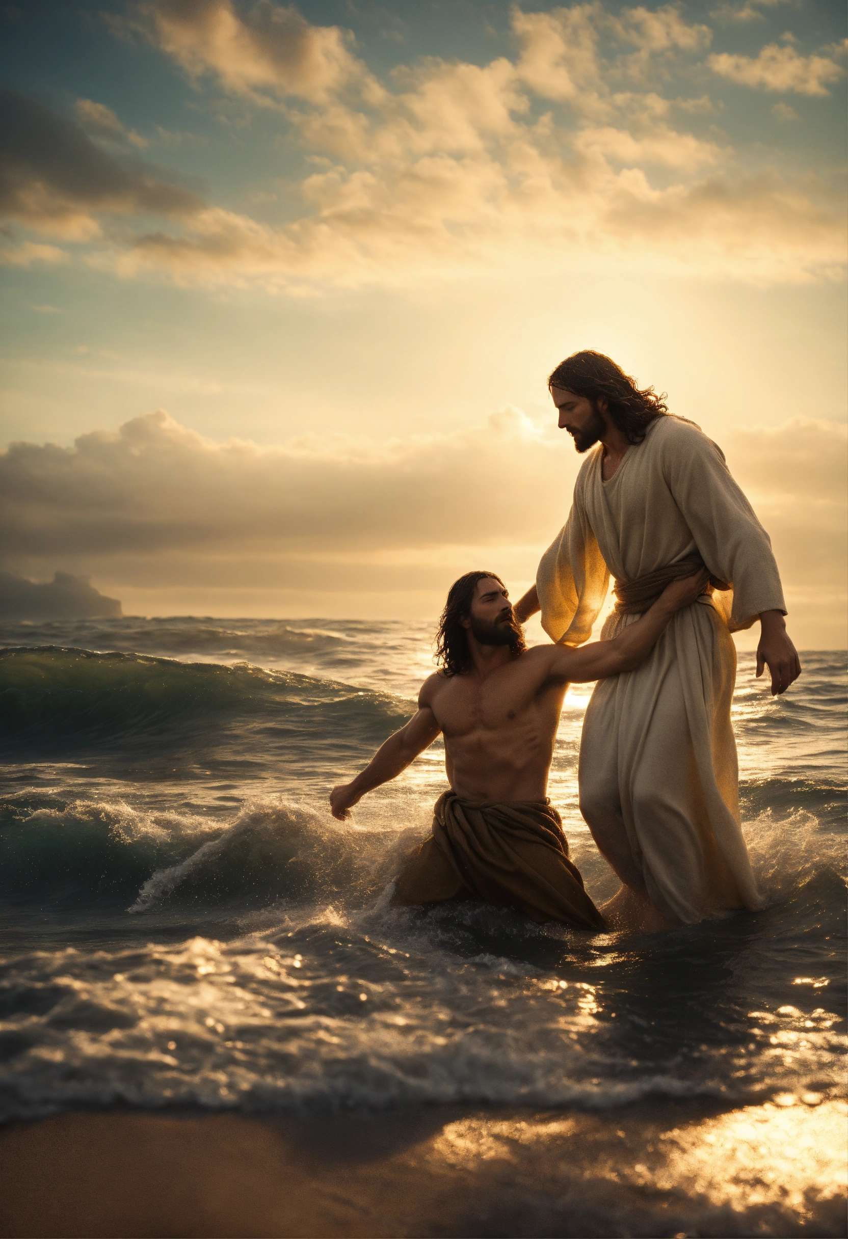 Lexica - Jesus pulling, lifting a man from ocean, realistic, cinematic ...