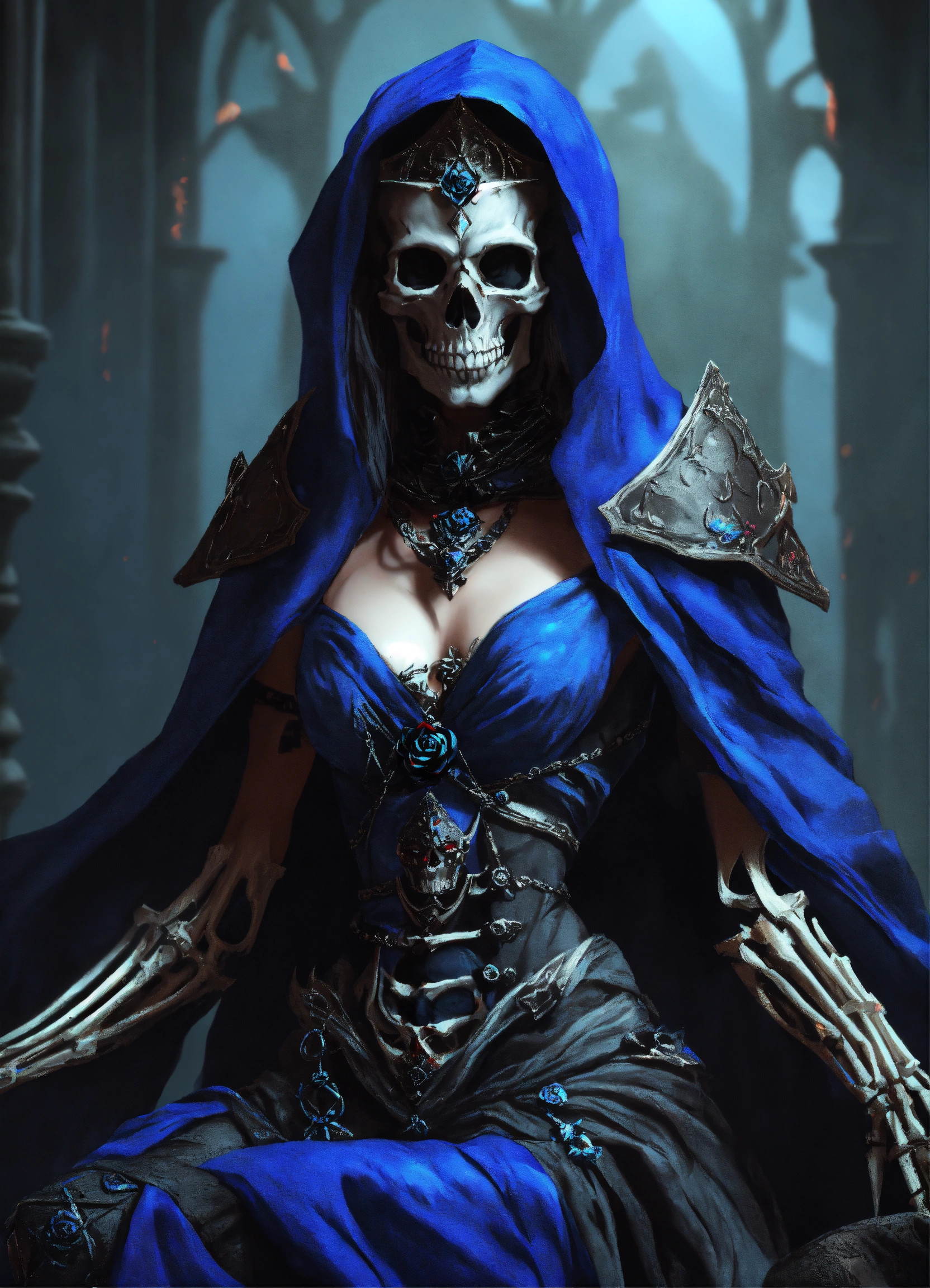 Lexica - Skeletal female lich queen with charcoal silk garbs covering her. A blue flag with a ...