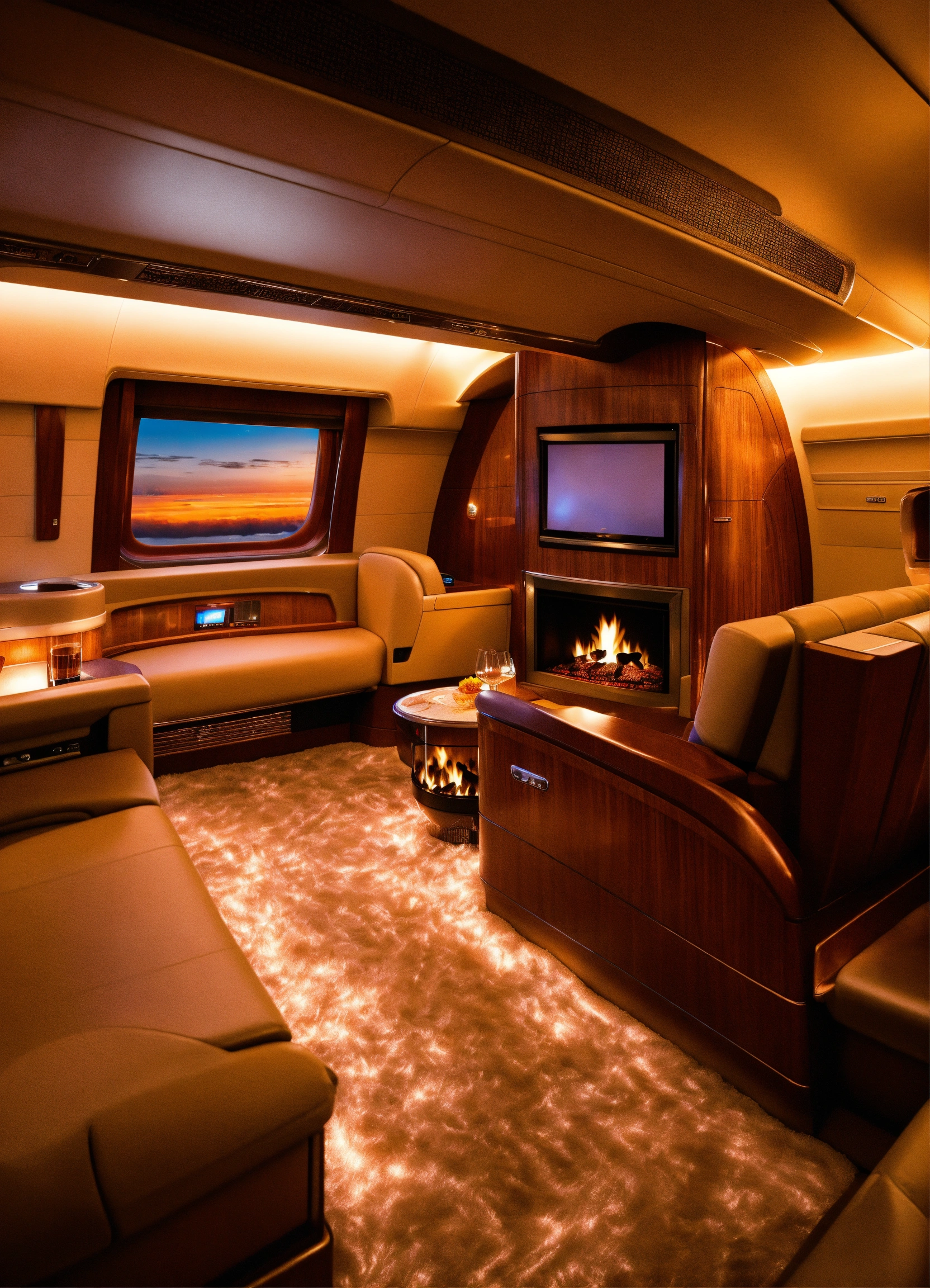 Lexica - Luxury first class airplane interior fireplace