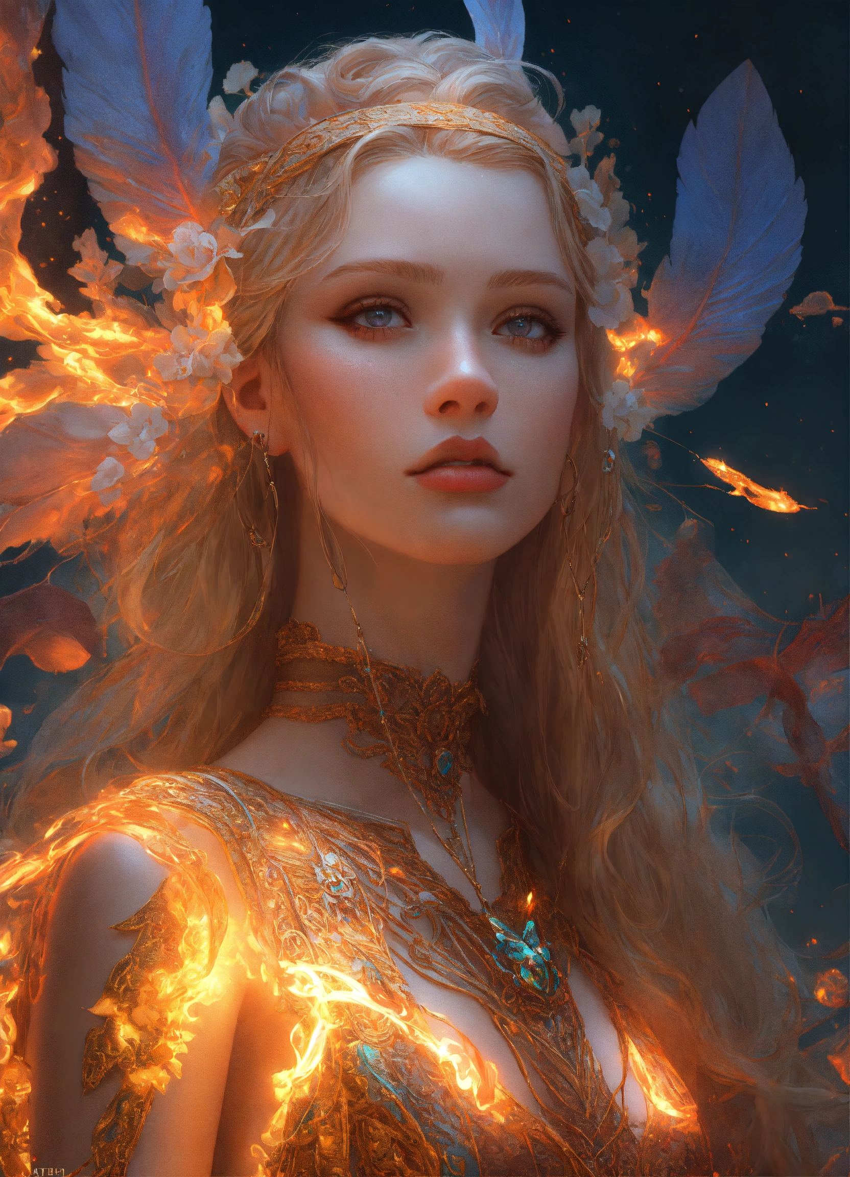 Lexica - Fire nymphs, blonde goddess, long blonde hair, intricate fashion, aether, surrounded by ...
