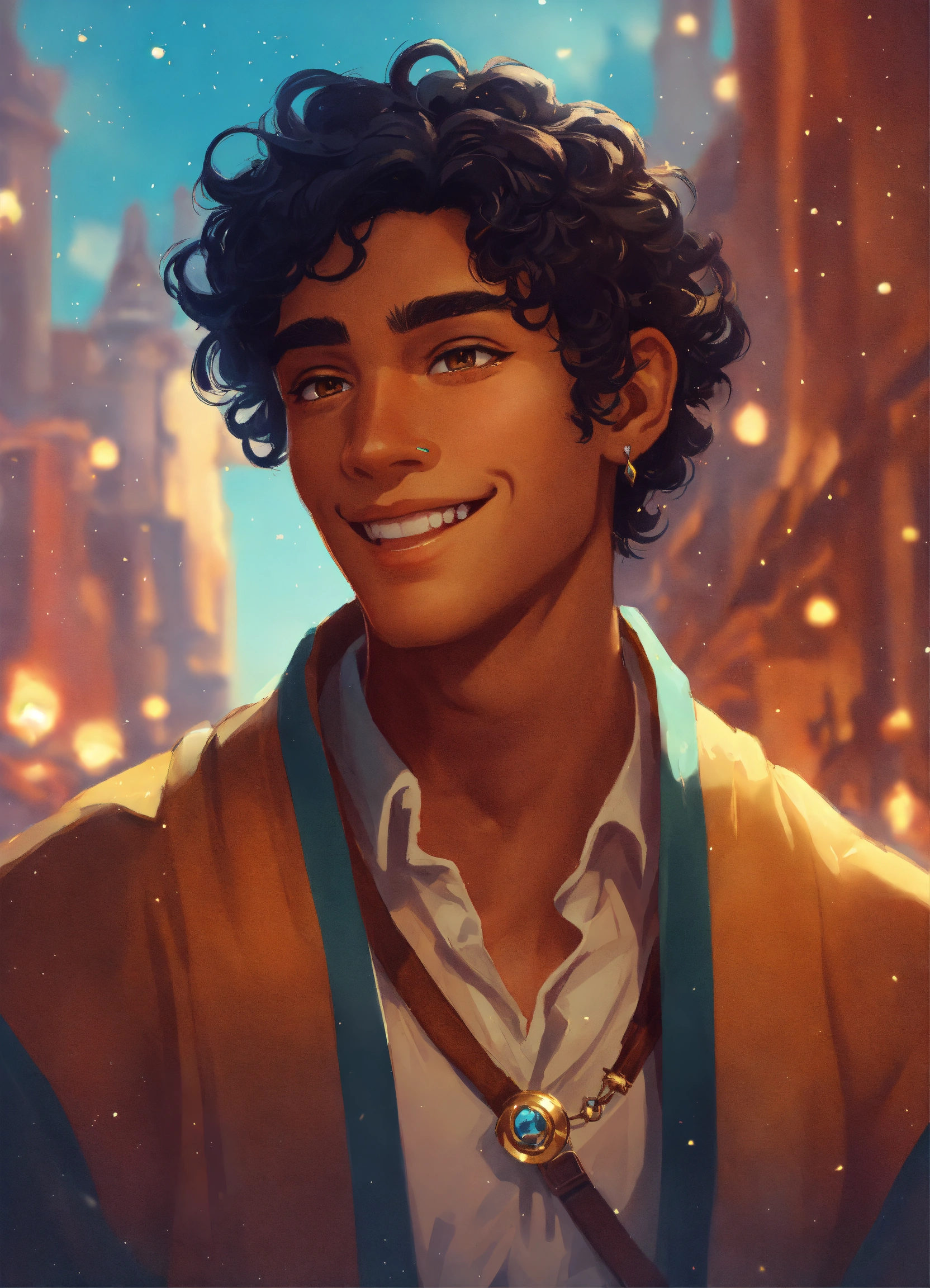 Lexica - 25 year old elf man, curly black hair, tan skin, hazel eyes ...