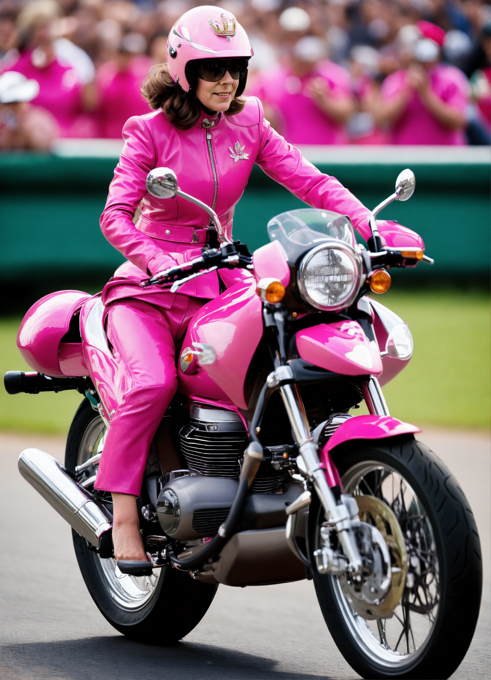 Lexica - Queen Elisabeth riding a sport motorcycle, wearing a pink ...