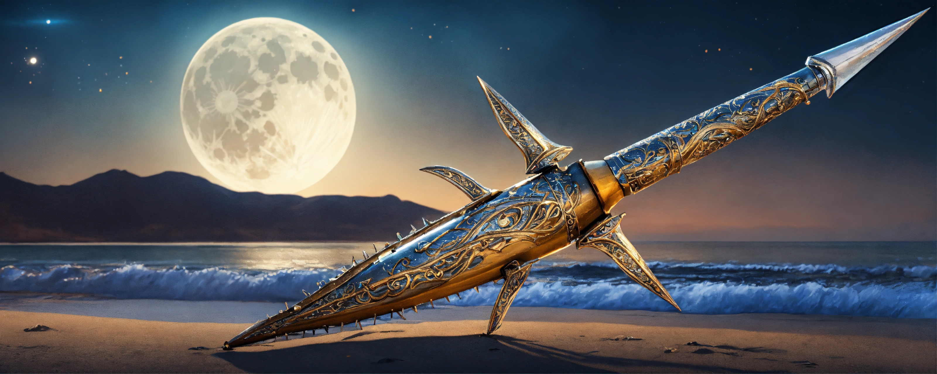 Lexica - 8k, picture of a very long gezackte harpoon with barbs made of ...
