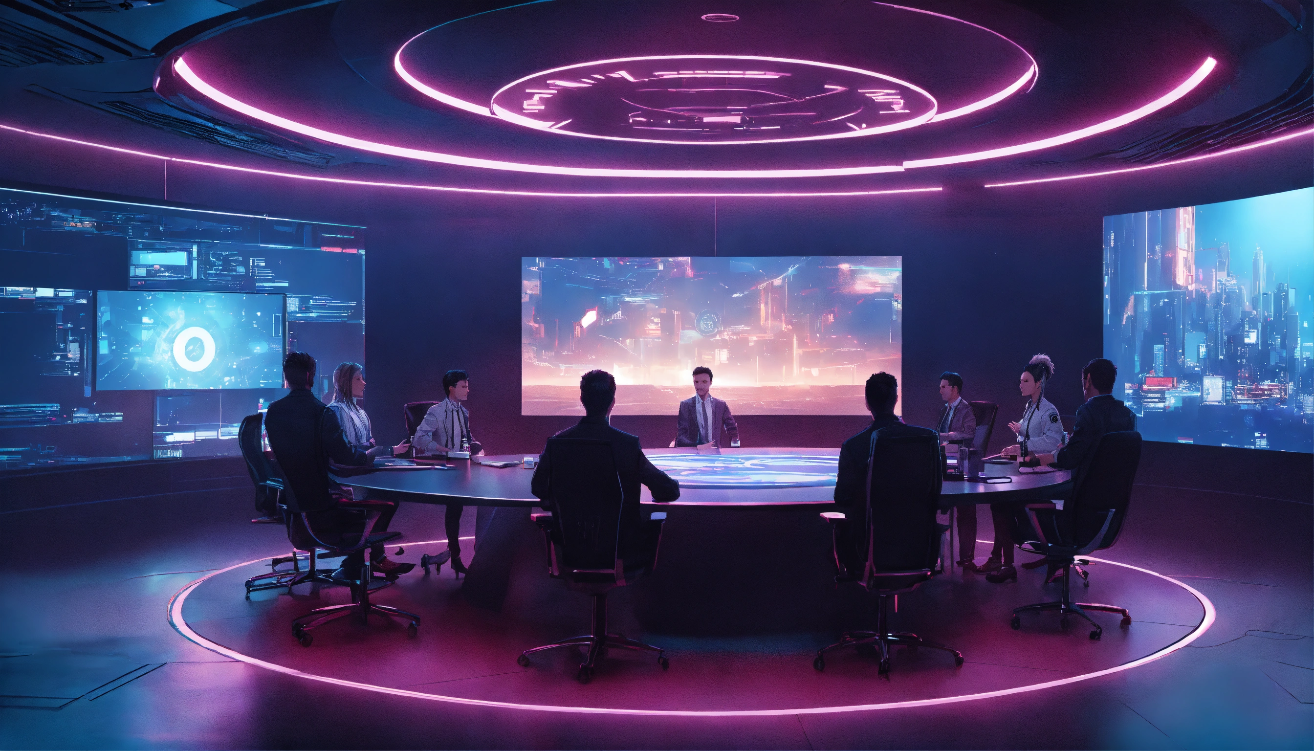 Lexica - High-tech conference room, round cyber table, people siting ...