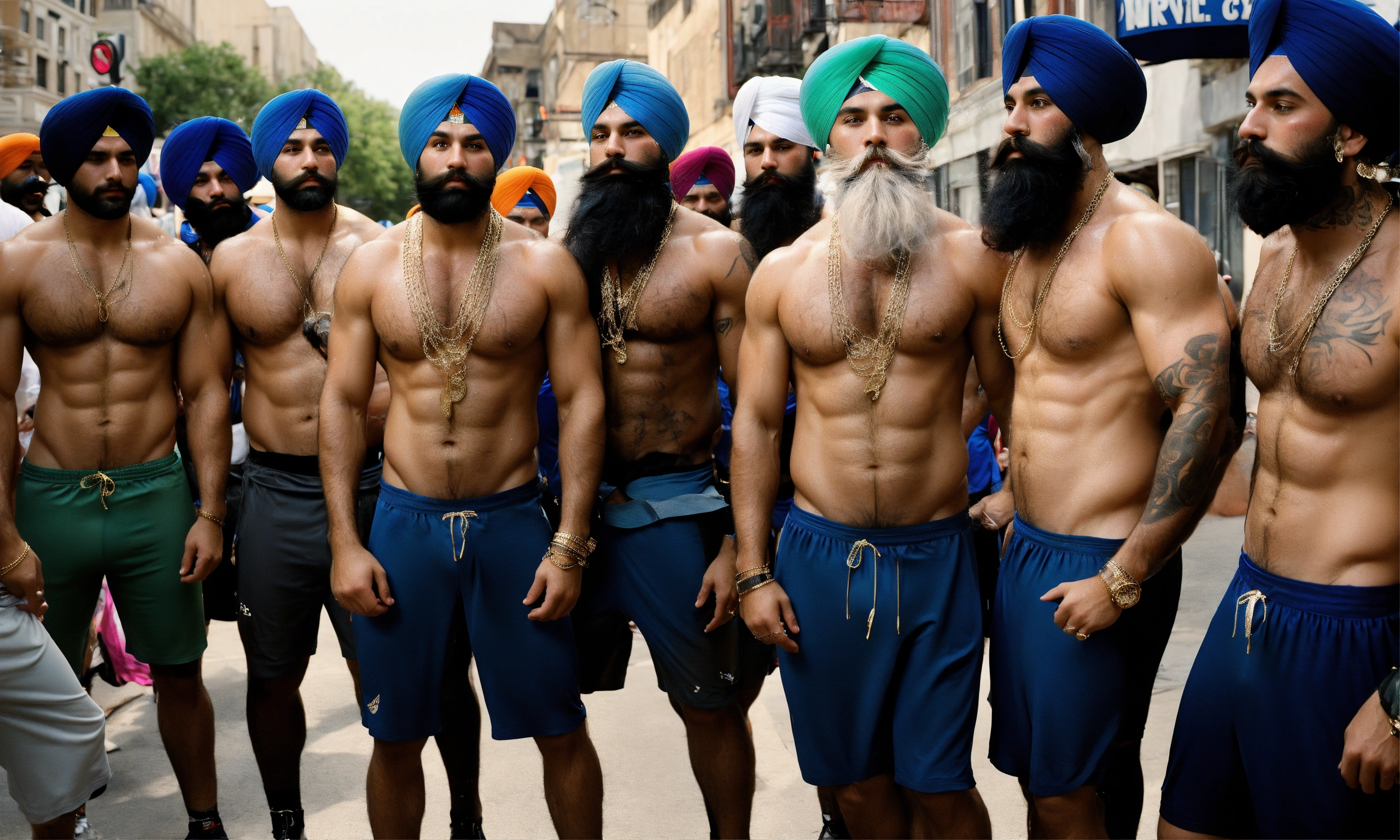 Lexica - A high fashion photo,group of burly hairy manly sikh men ...