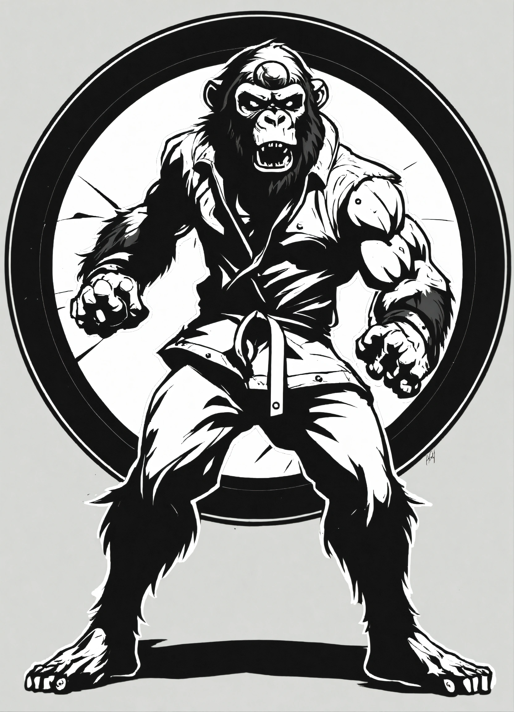 Lexica - Zombie killer ape street fighter black and white circle logo full body fighting stance ...