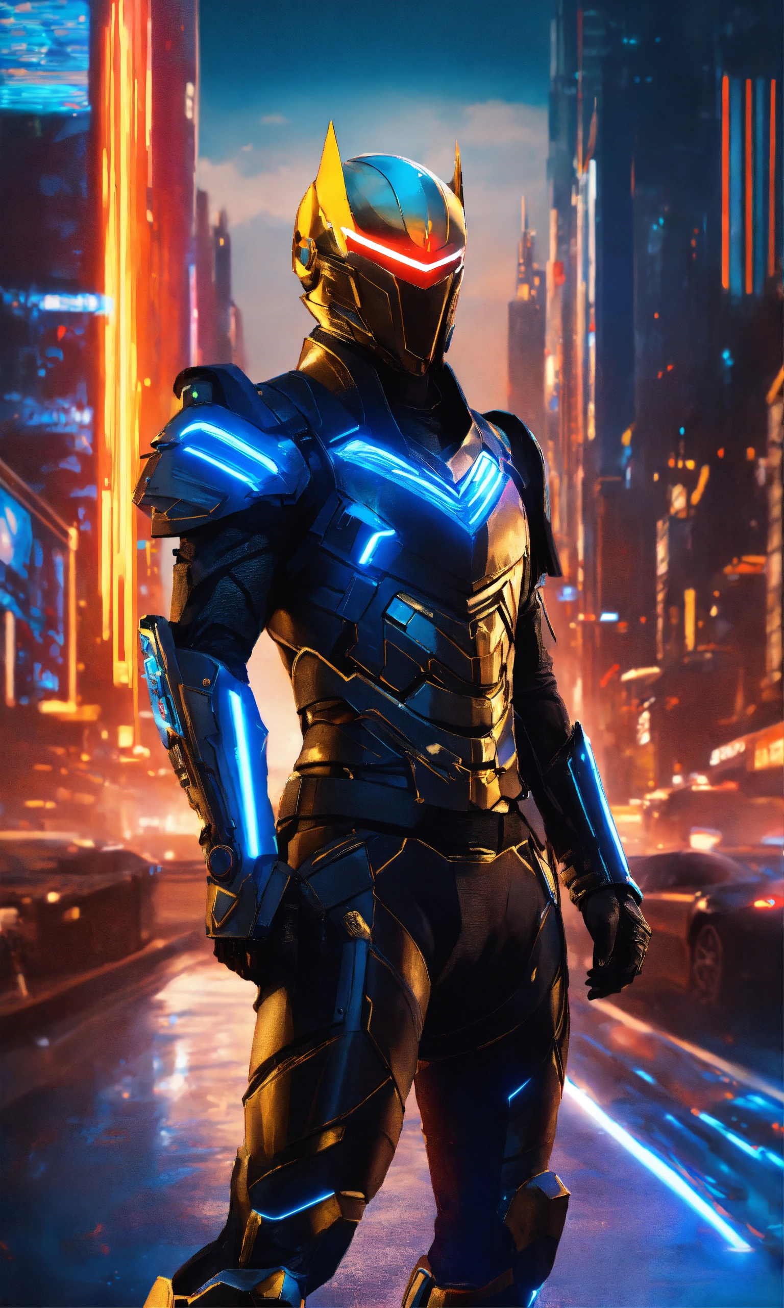 Lexica - Futuristic superhero, wearing suit of black armor, neon blue ...