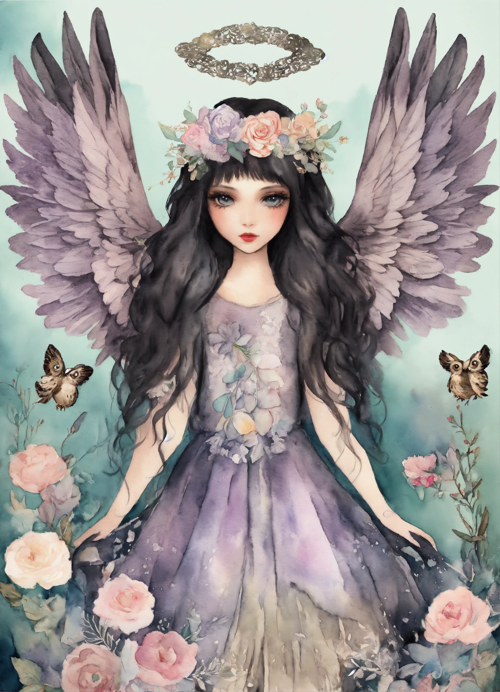 Lexica - Whimsical pale pastel goth black Angel Girl, Watercolor ...