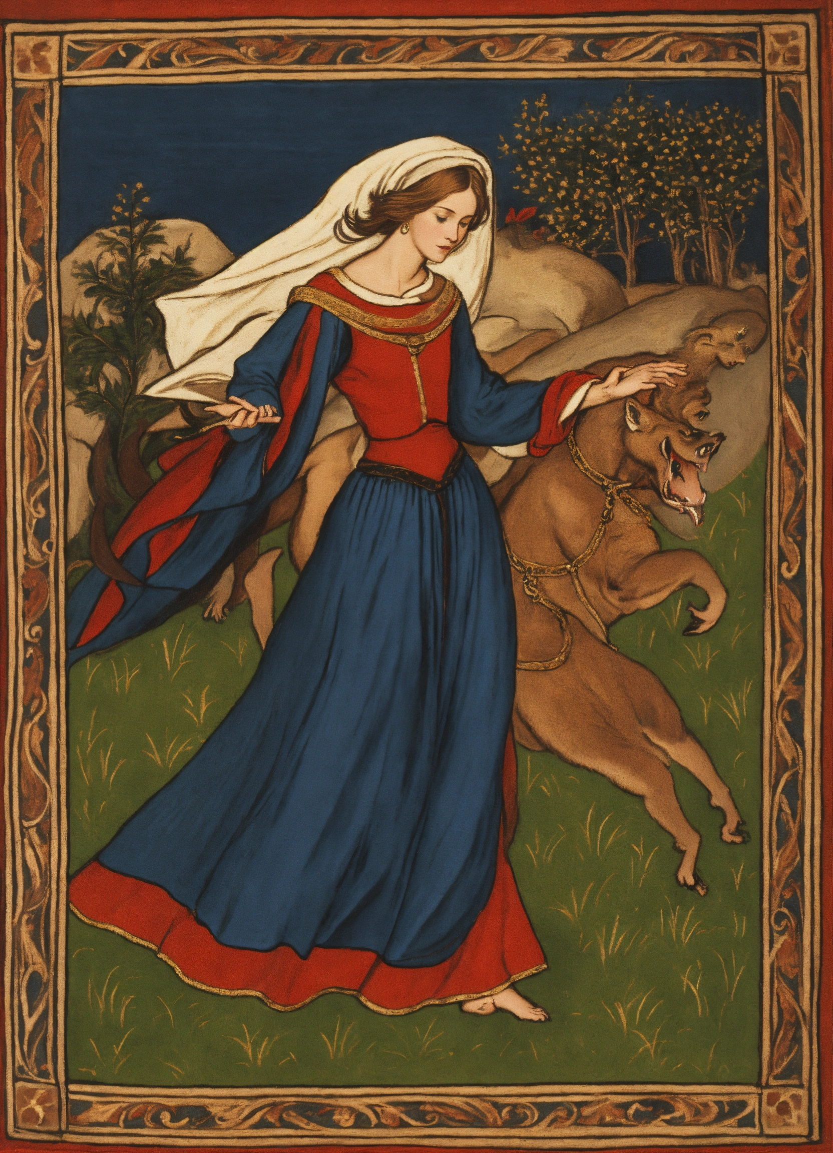 Lexica - Medieval woman lifting her skirt to chase away demons