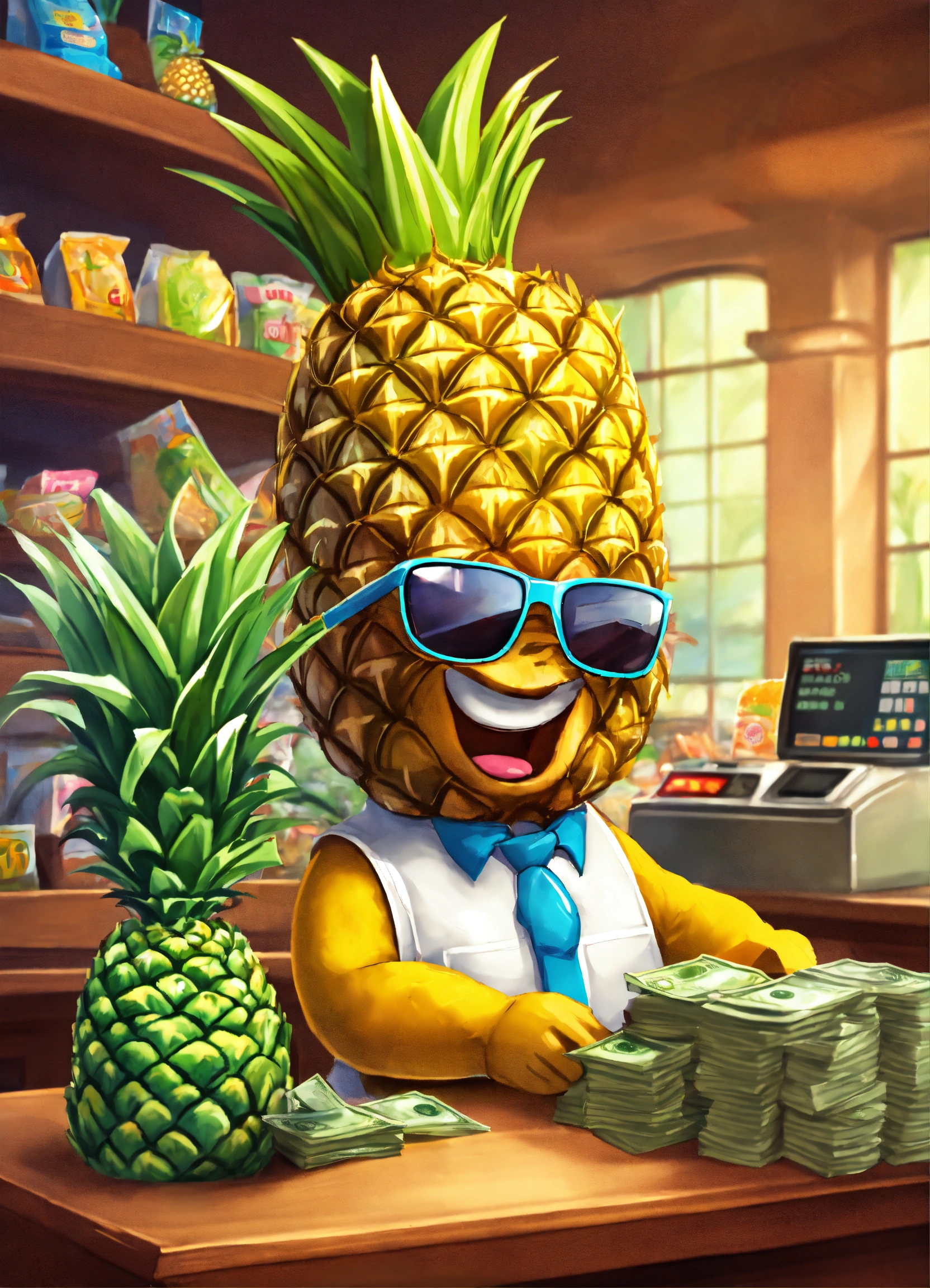 Lexica - Cartoon A pineapple wearing a crown sits at a cash register ...