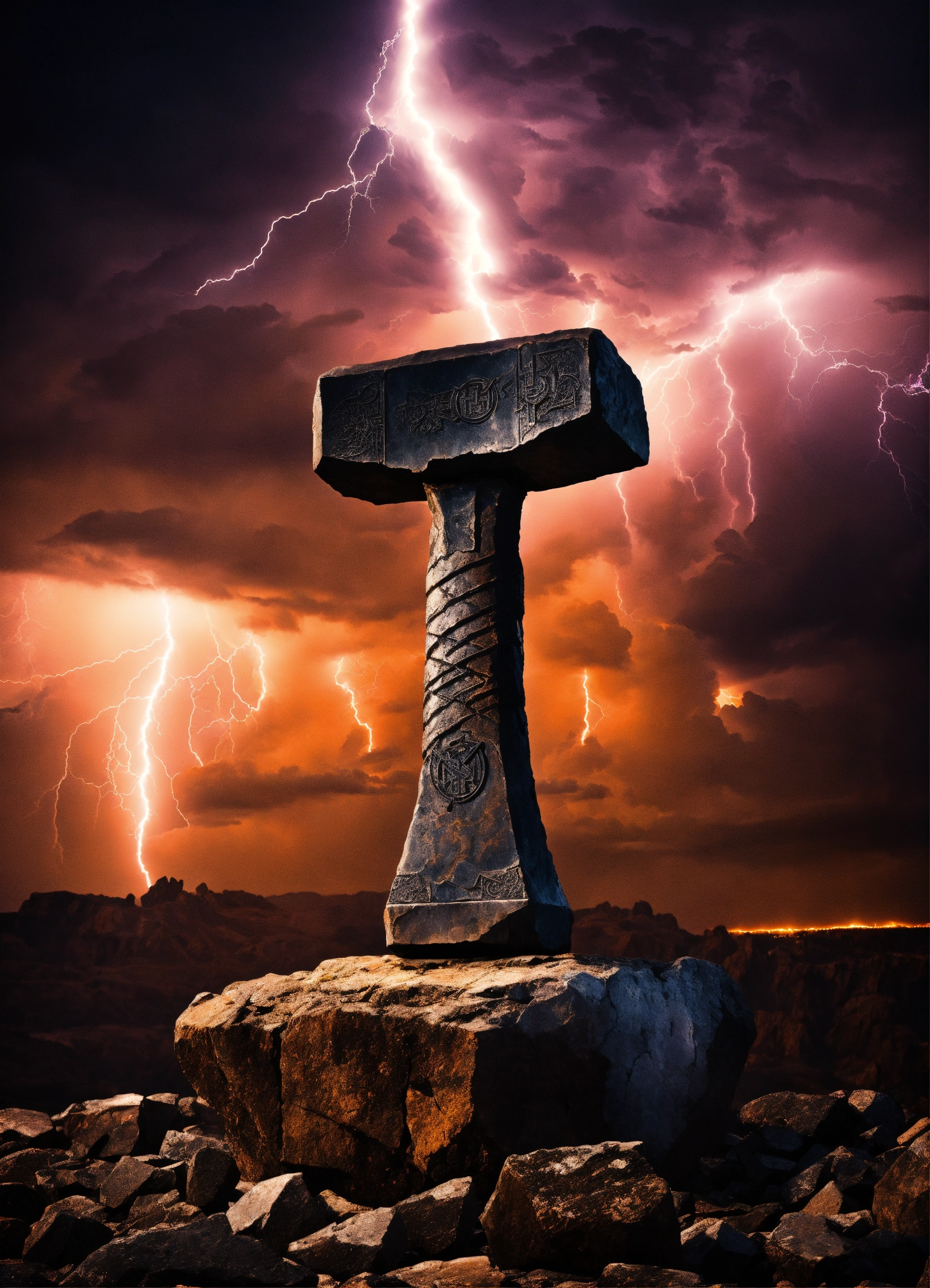 Lexica - Thors hammer, lightning, cracked stone, dramatic background
