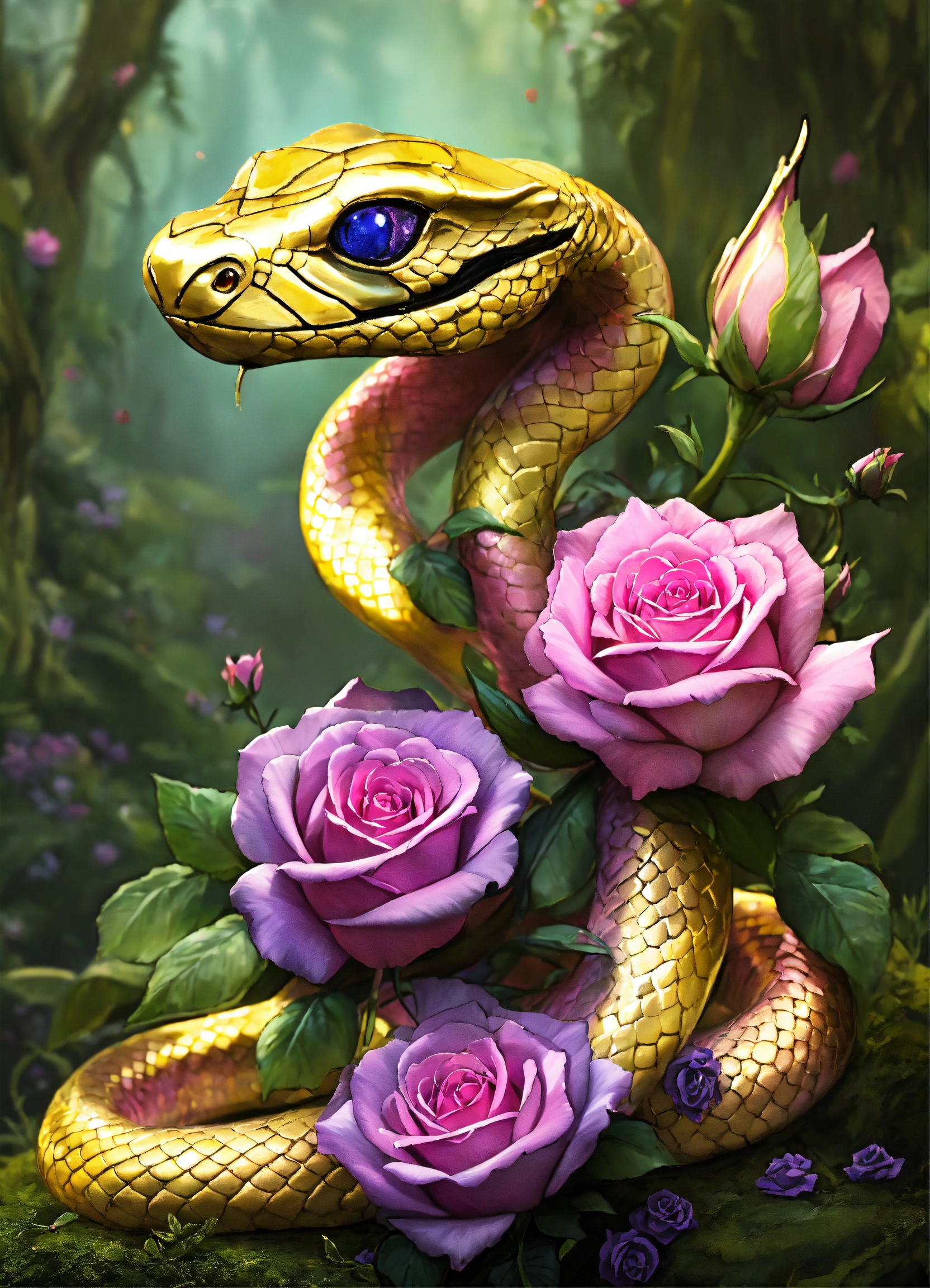 Lexica - Enchanted large magic gold and purple snake pink roses ...