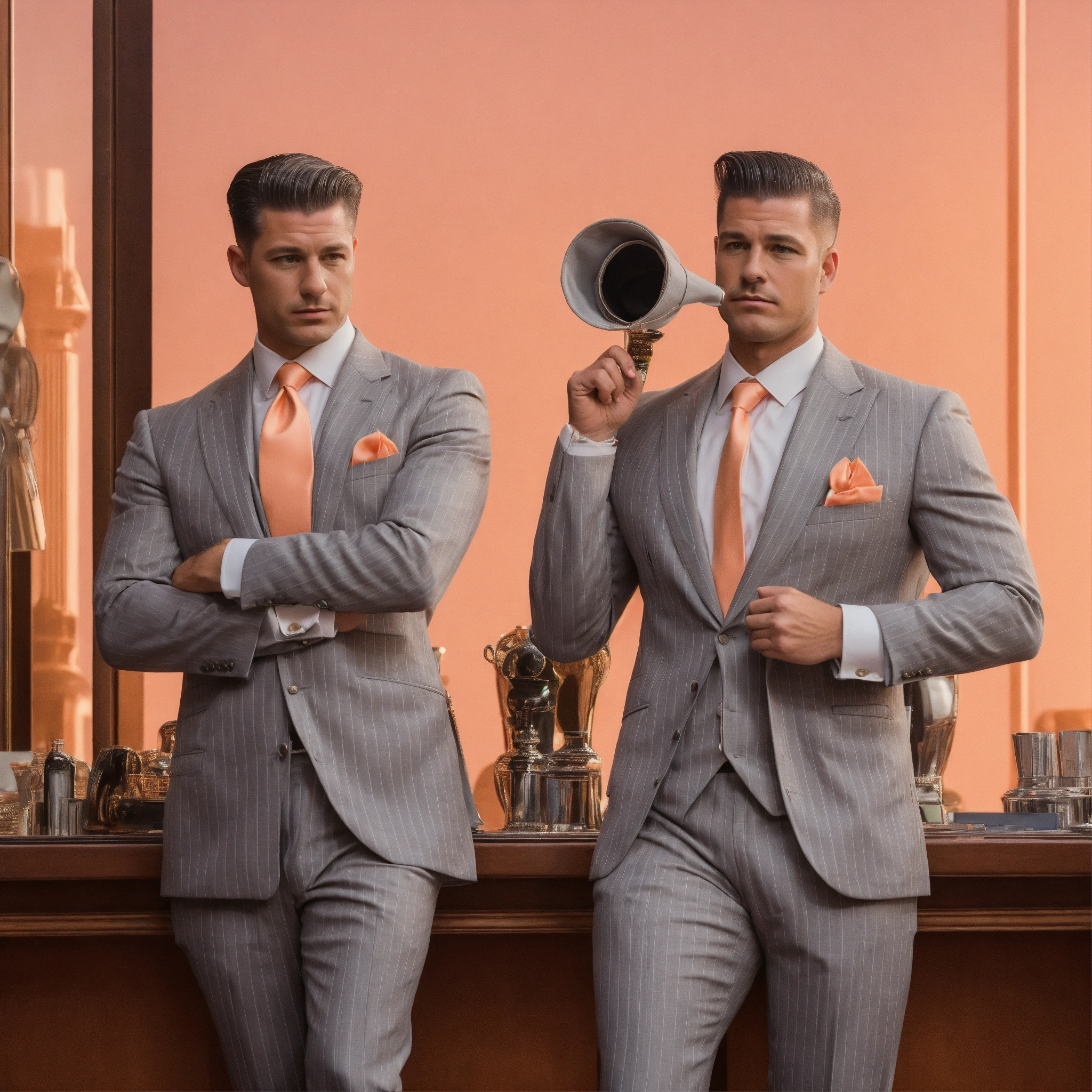 Lexica - Two rough male bankers, light grey pinstripe vested suit ...