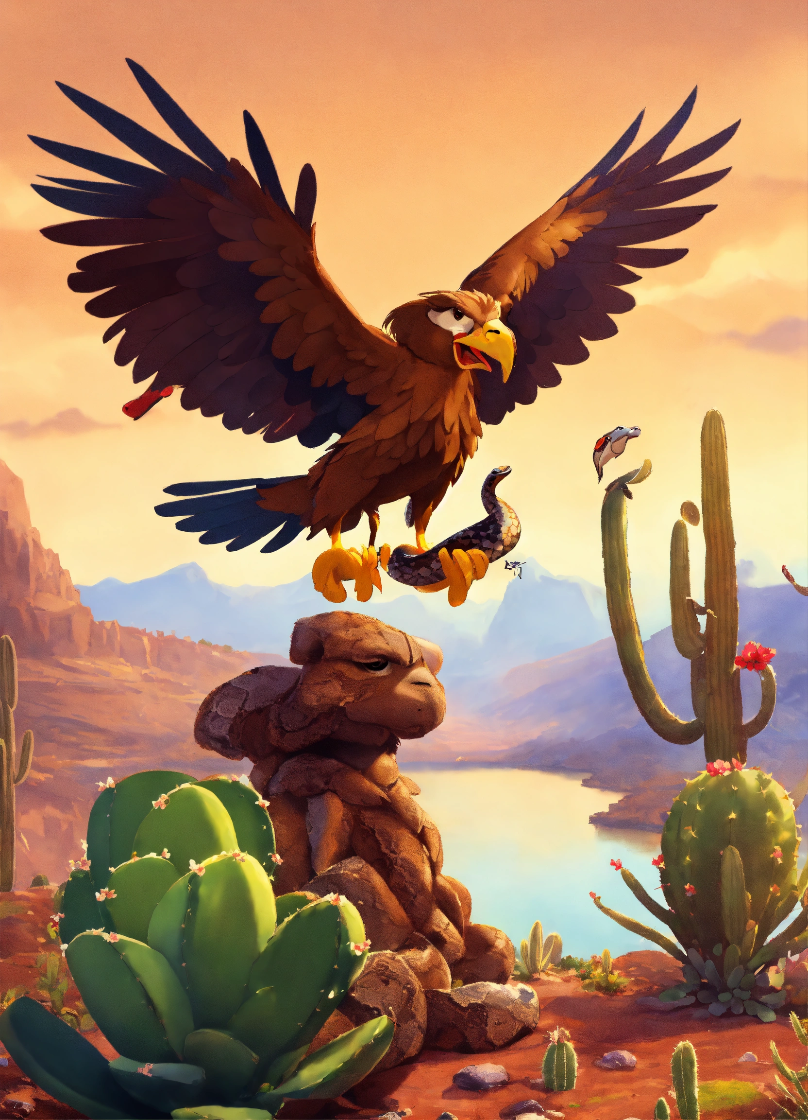 Lexica - Pixar animation of a brown Eagle eating a ((snake)), standing ...