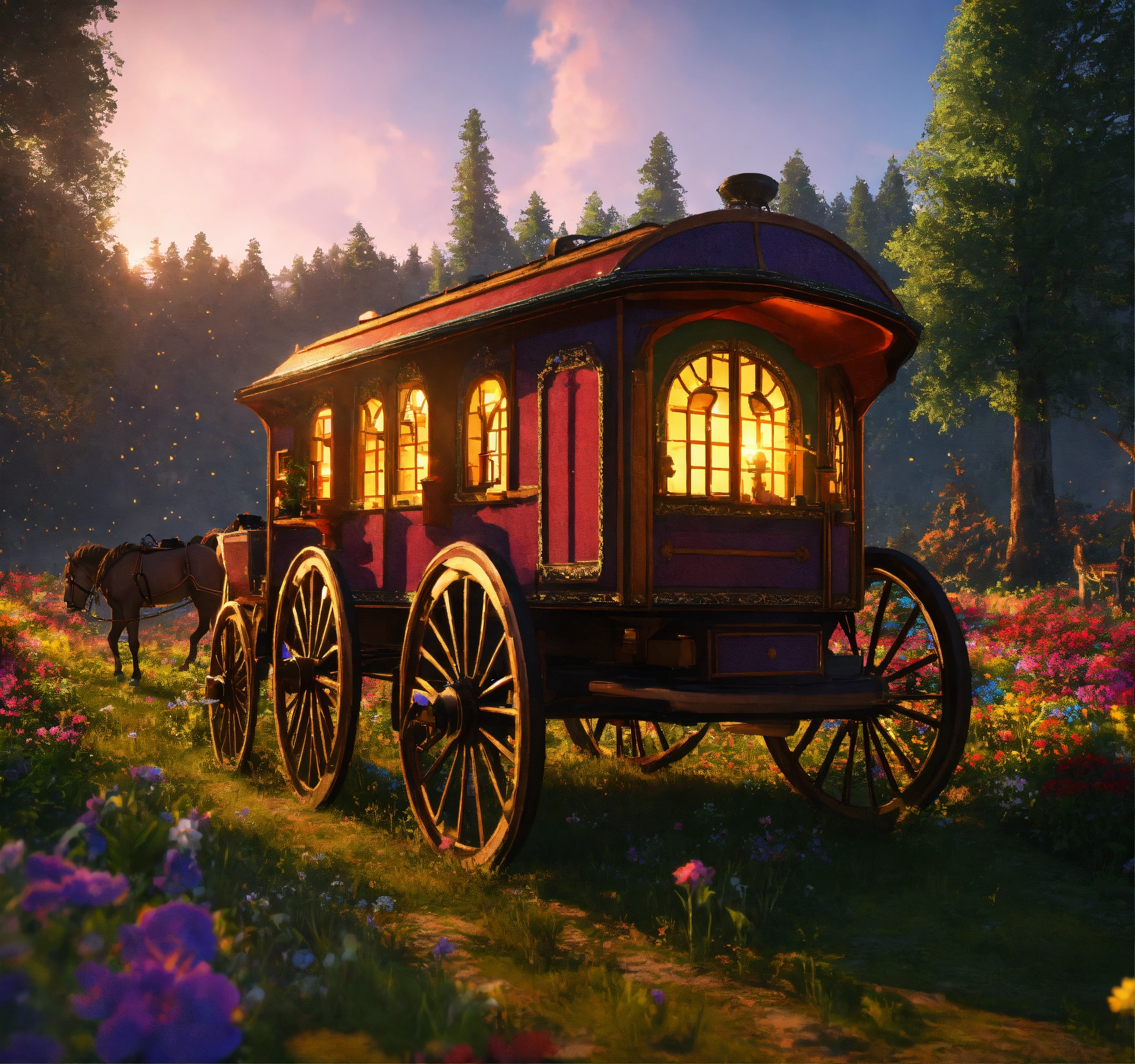 Lexica - A fantasy horse-drawn traveller caravan. Colourful flowers ...