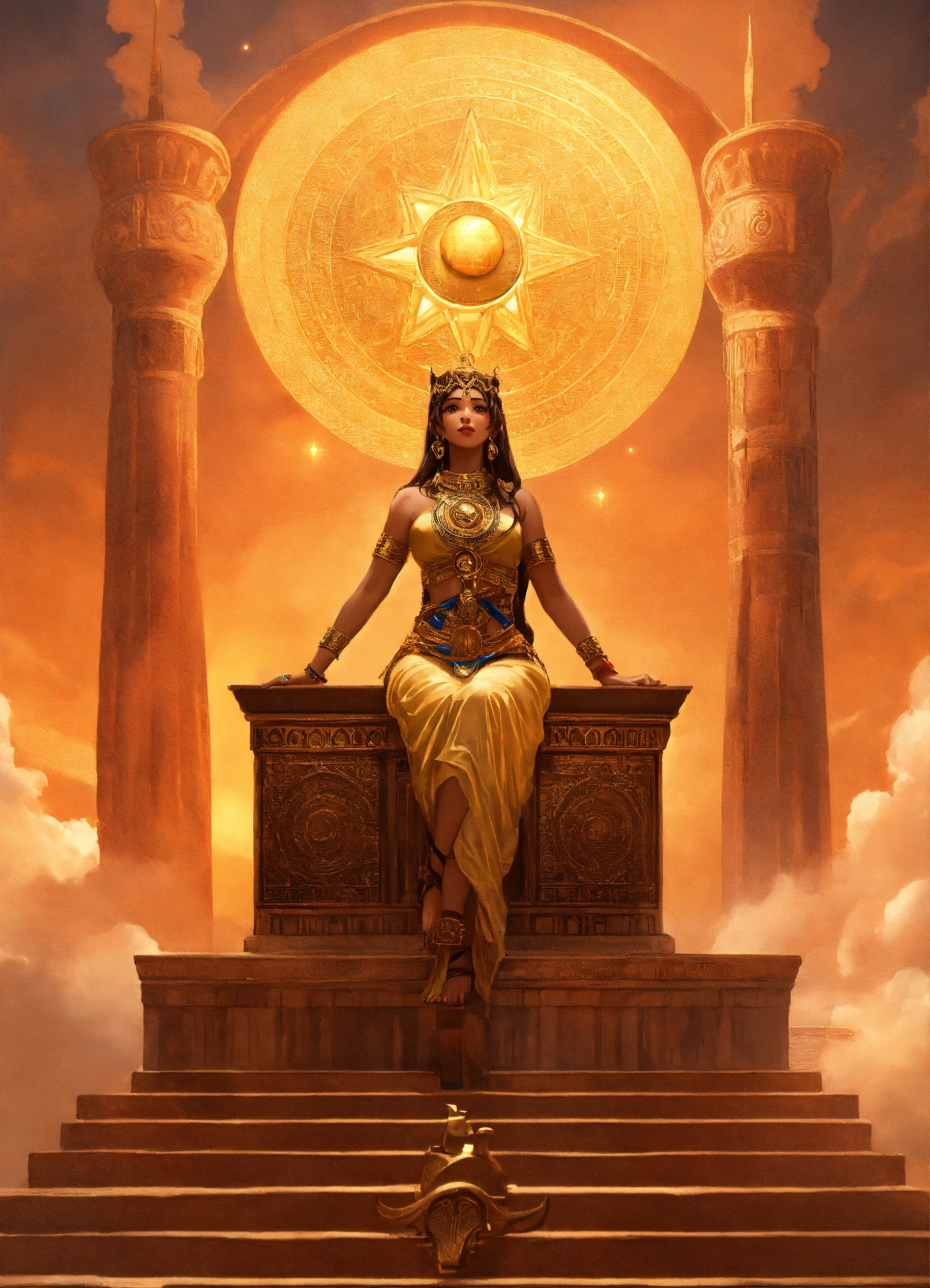 Lexica - The goddess ishtar sitting on a throne in the sky and blessing the people on earth