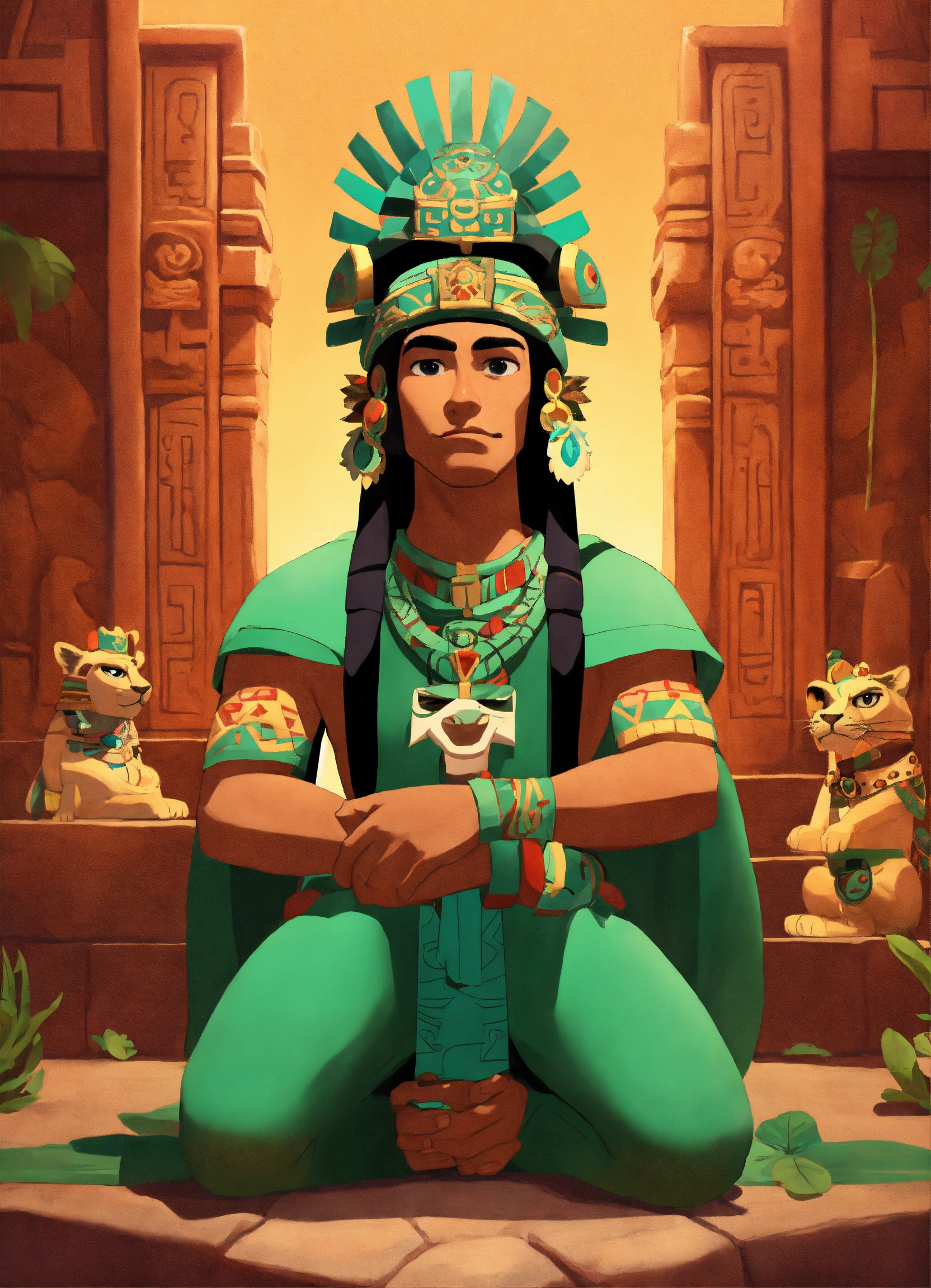Lexica - Pixar animation of aztec high priest with leopard head hat on ...