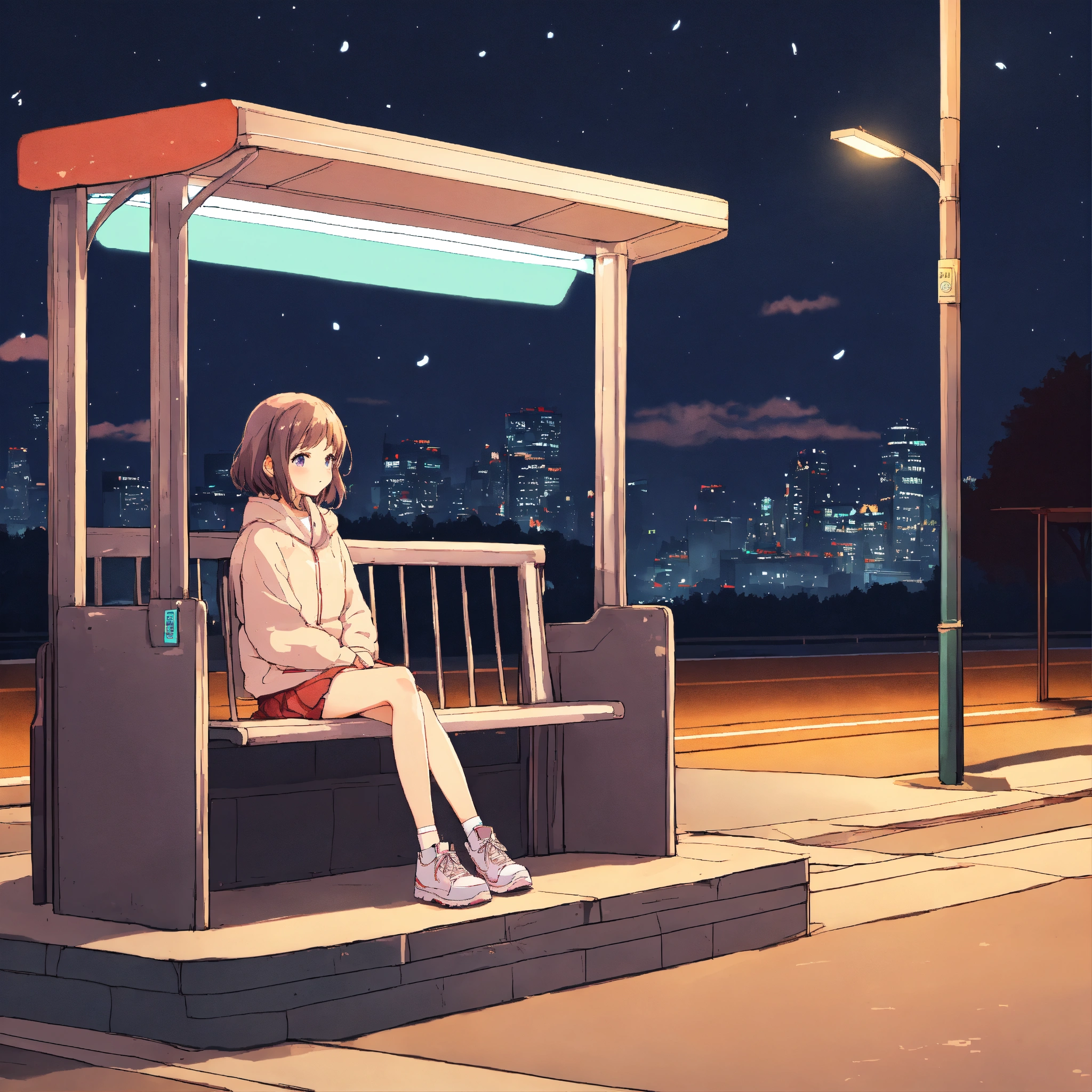 Lexica - A cute anime lofi girl waits at an empty bus stop at night