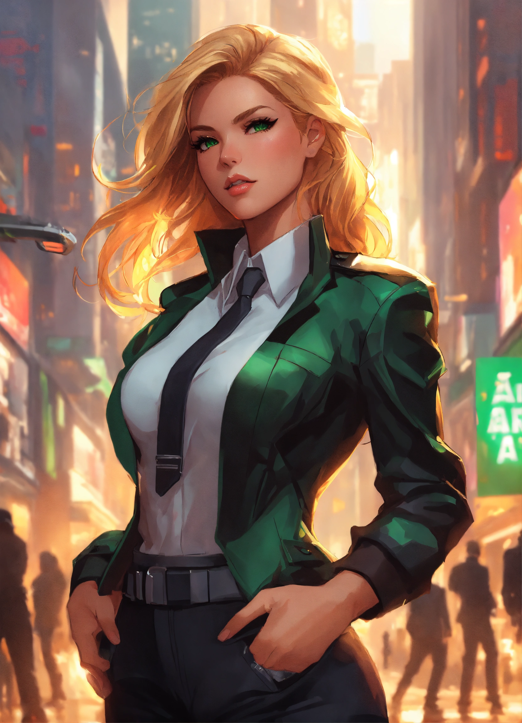 Lexica - Illustration of city, female fbi agent, green eyes, golden ...