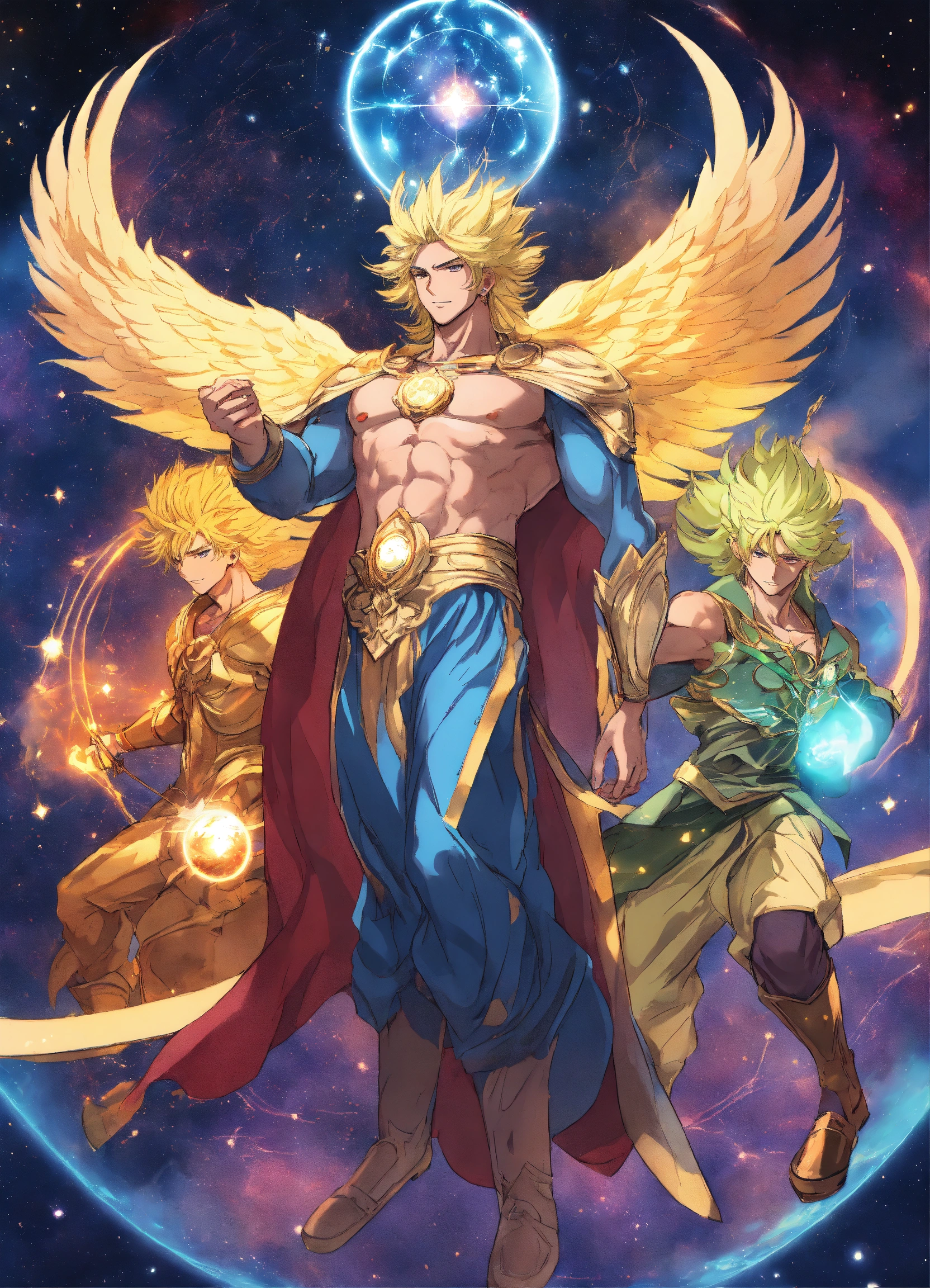 Lexica - 3 latín male celestial beings merging, a ray from the heart ...