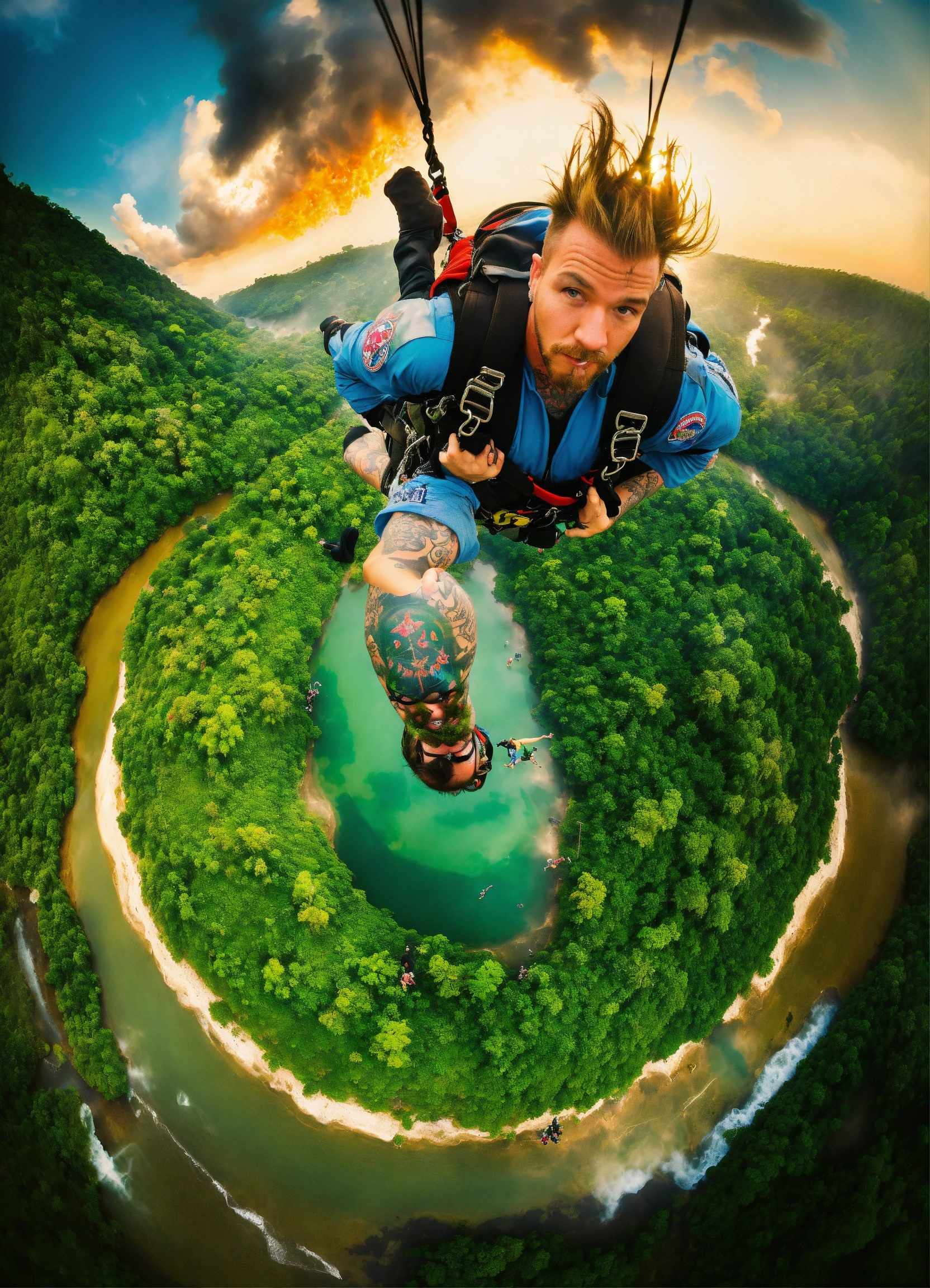 Lexica - Tattoed man with punk style doing skydiving from a exploded ...