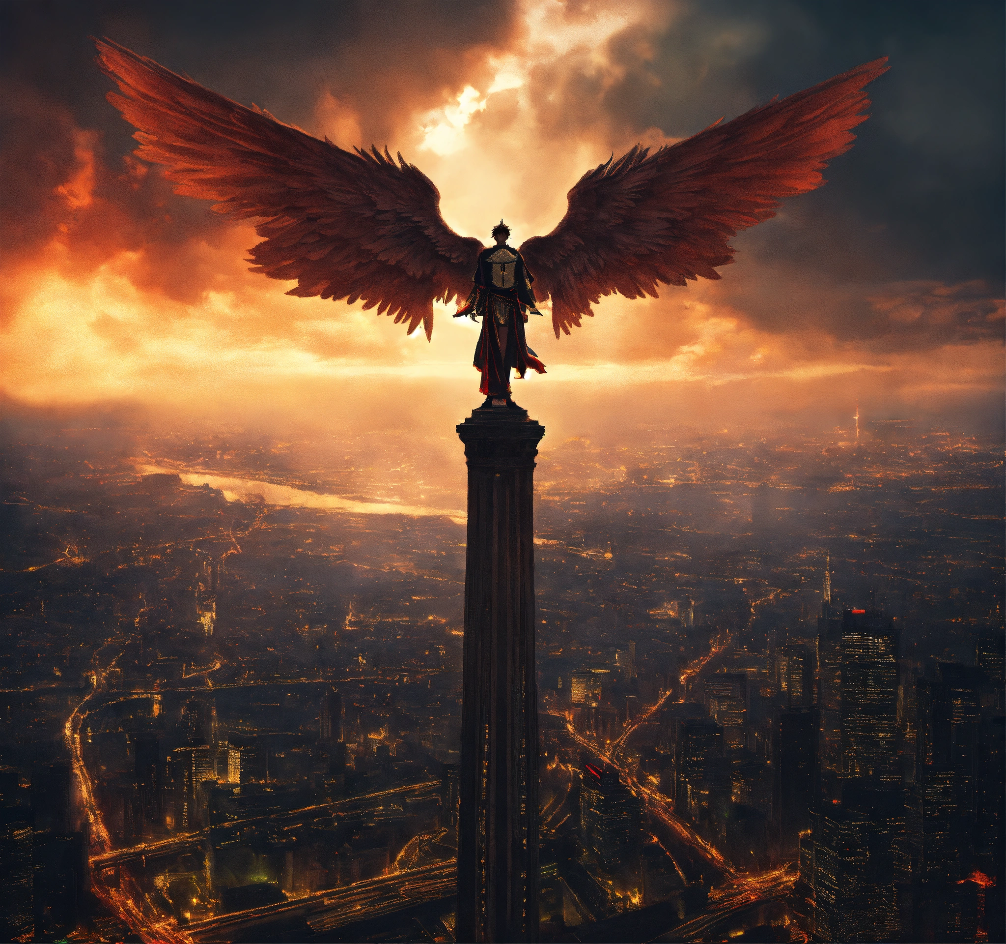 Lexica - An angel stands above a city, his left side ist evil with a ...