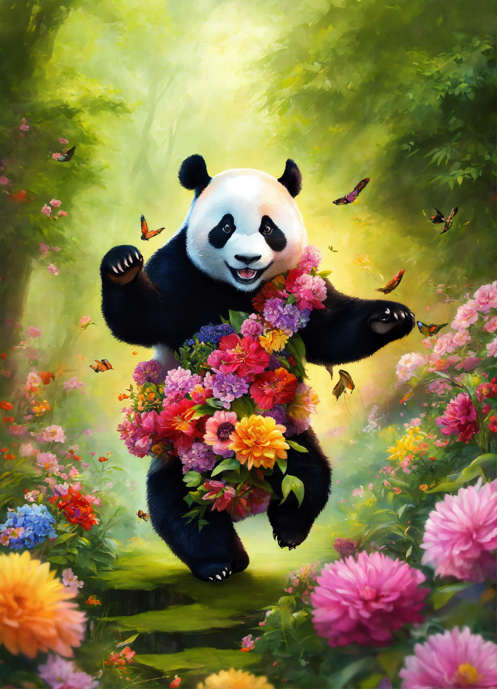 Lexica - Revel in a symphony of flowers as pandas dance among vibrant ...