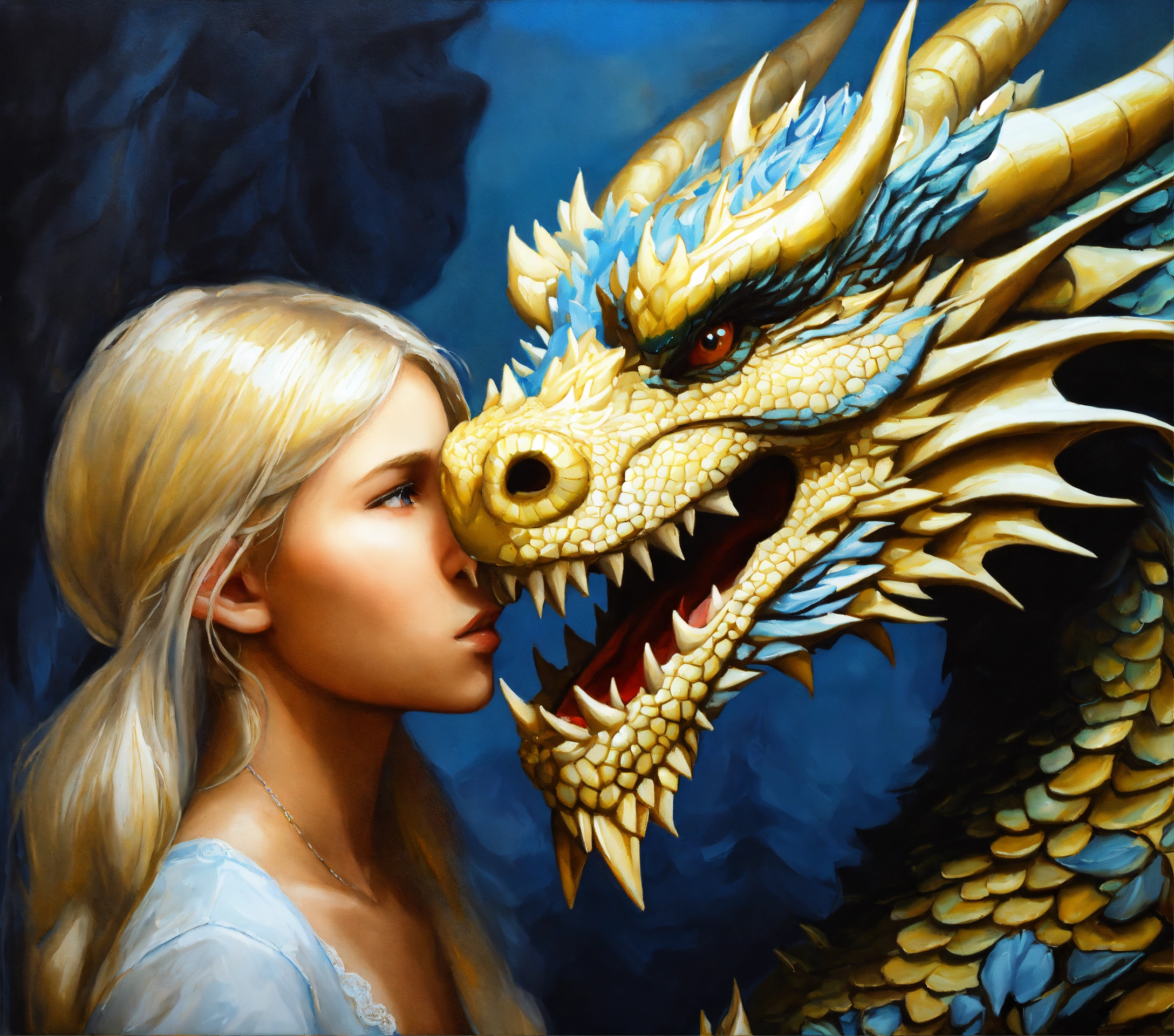 Lexica - Oil painting of a huge, magnificent two meter big blue dragon ...