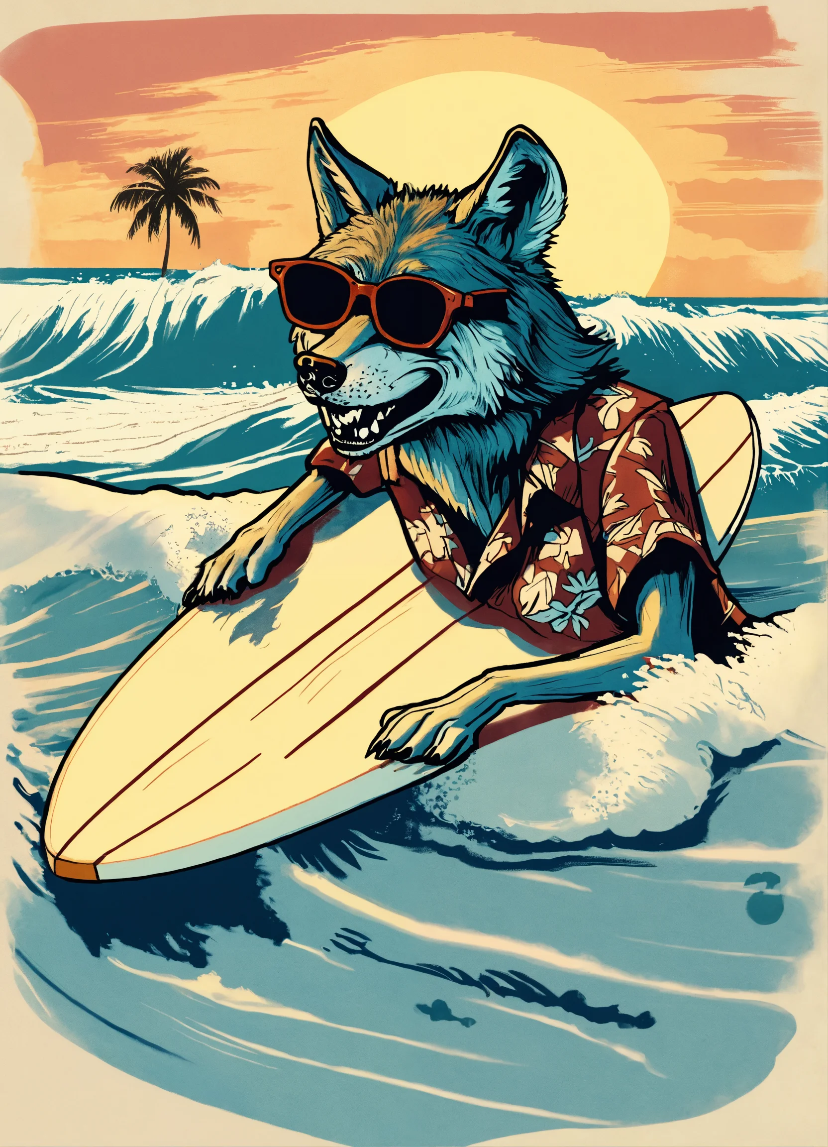 Lexica - A wolf surfing on a beach in Hawaii, at sunset. The wolf is ...