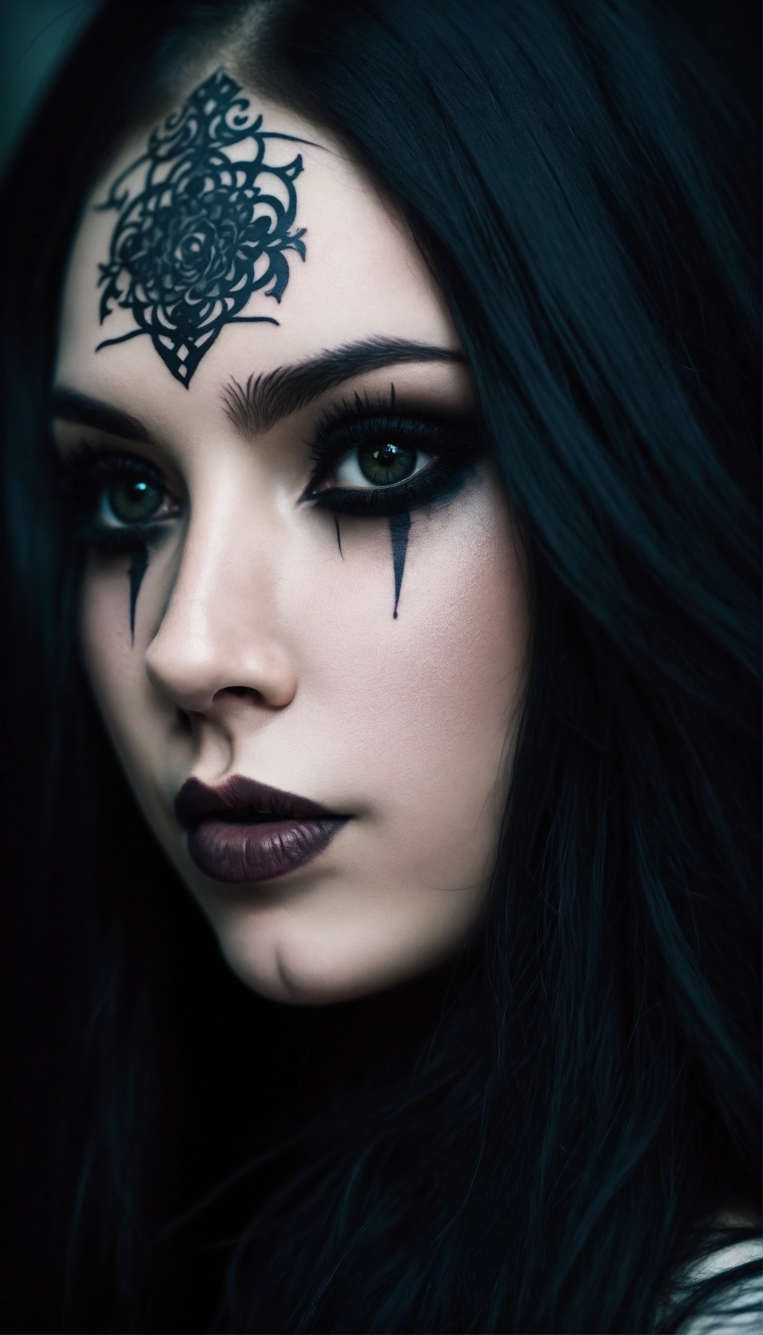 Lexica - A scary girl, close up face, pale skin, long crazy black hair ...