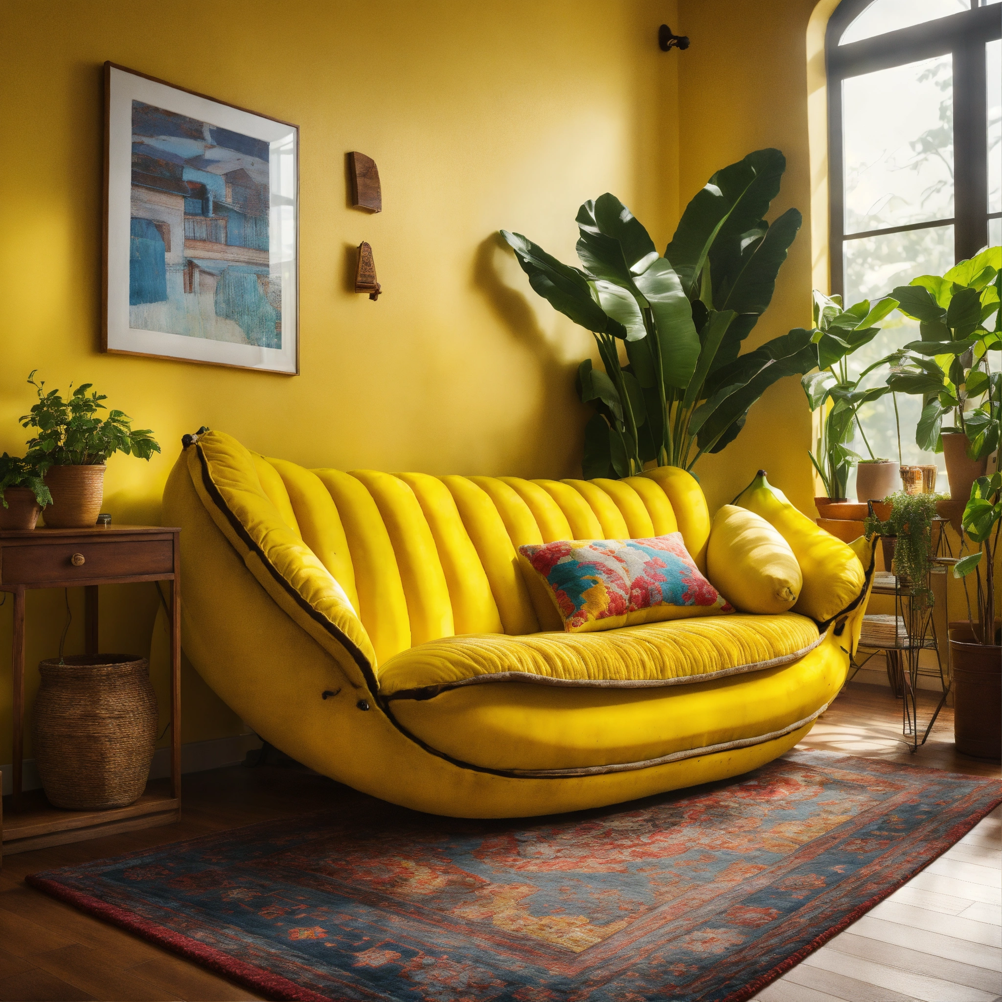 Lexica - A vibrant yellow banana banana banana-shaped couch sits in a ...