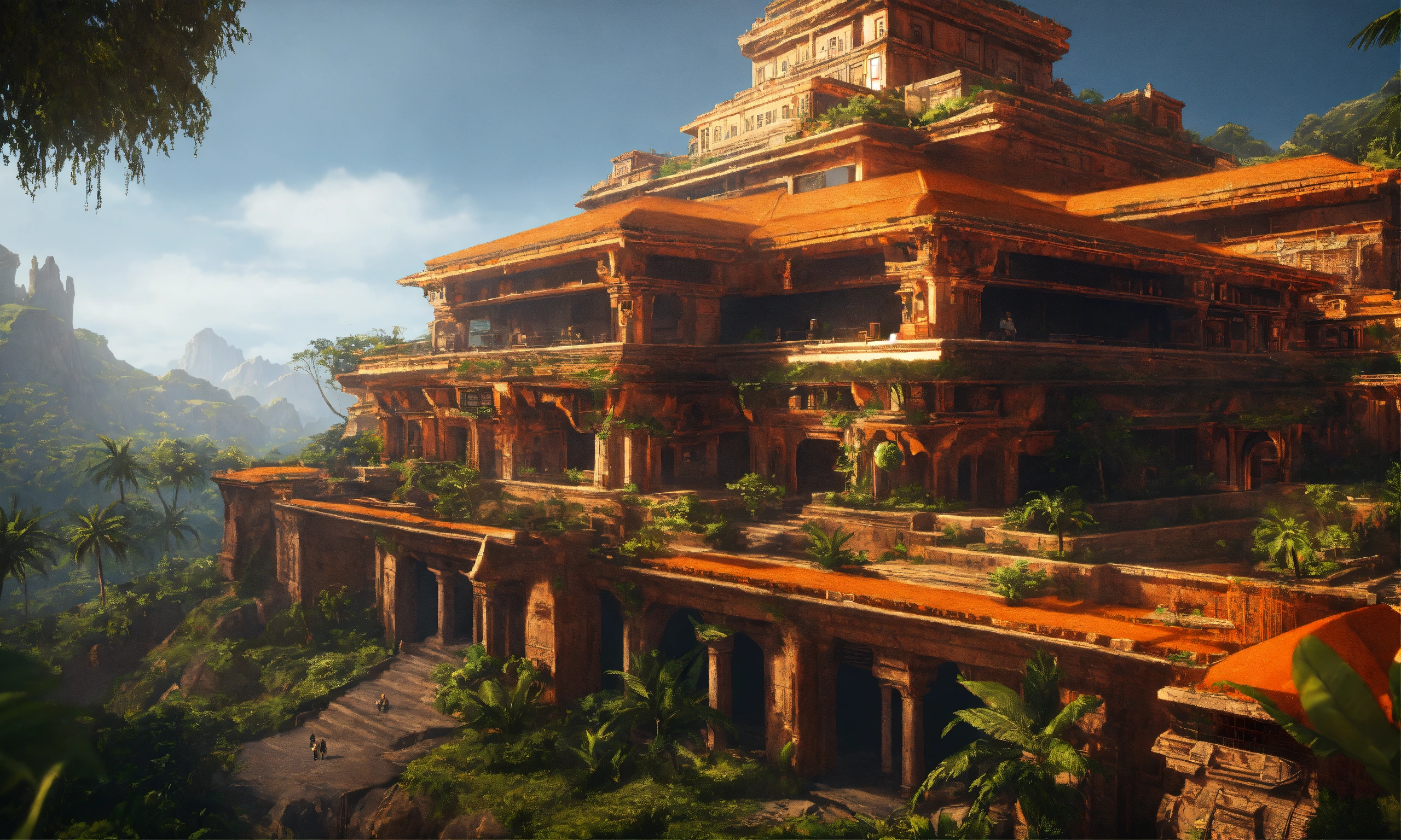 Lexica - Full image of a massive Aztec sci fi palace with an orange ...