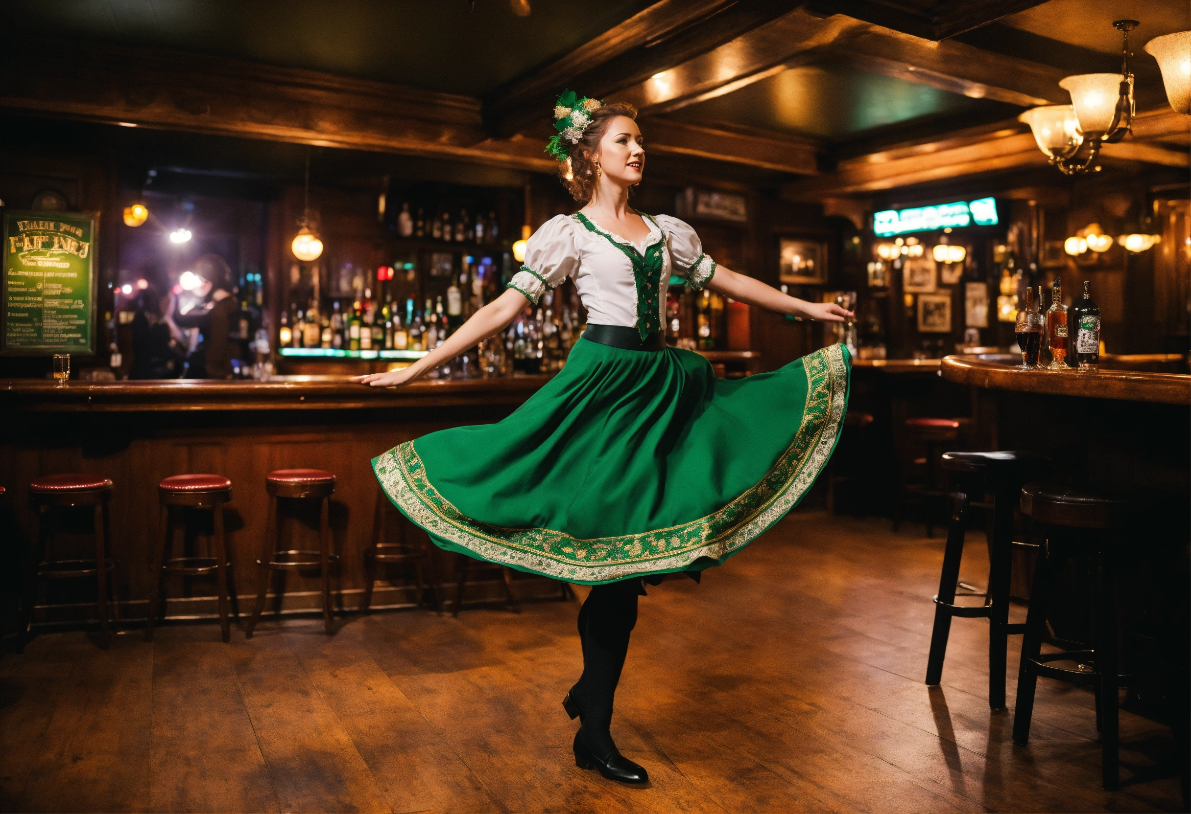 Lexica - An irish female in irish clothes dancing in a bar, full body view