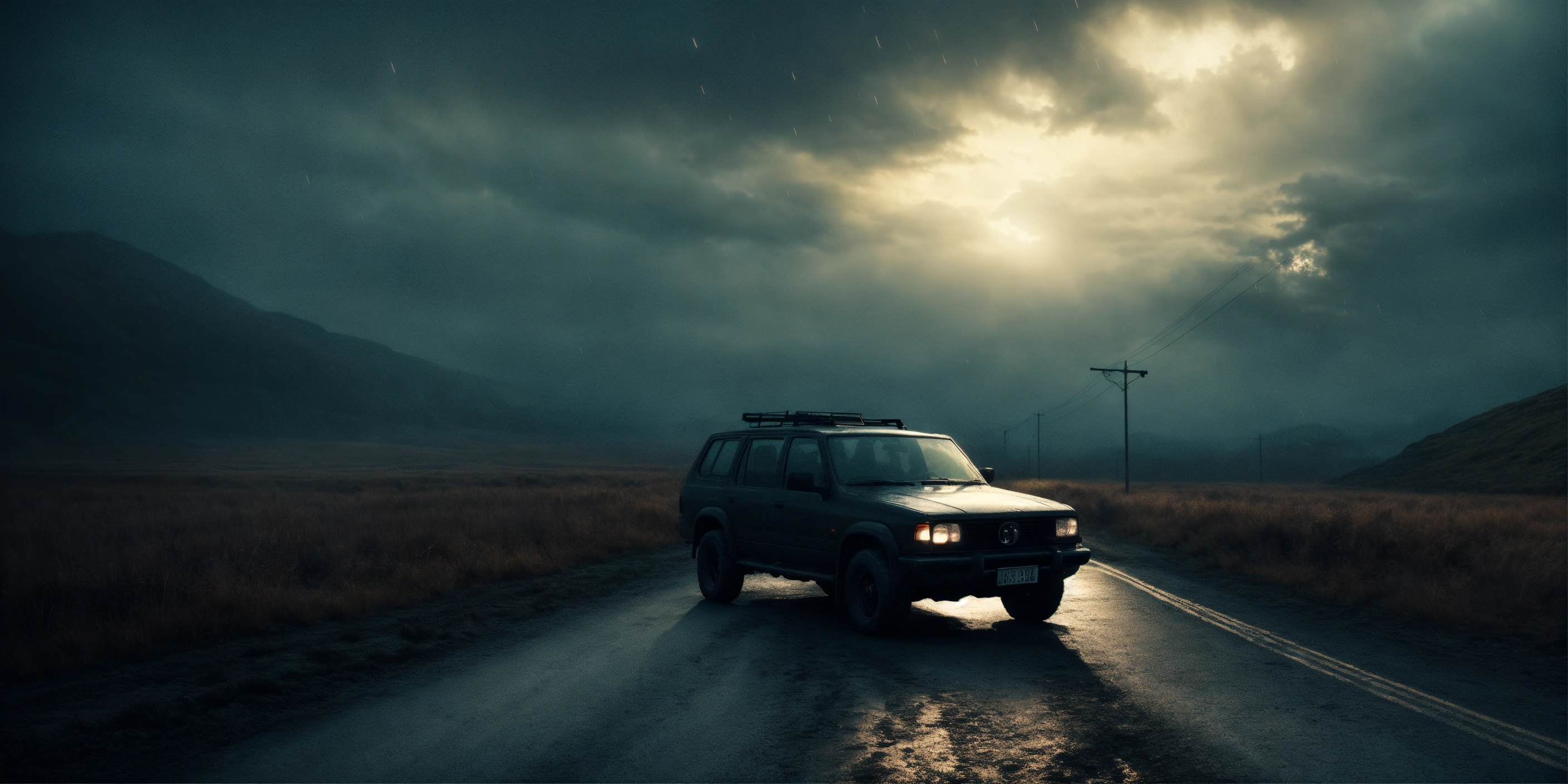Lexica - Spooky dark road; one car 4x4; scary; realistic; , surreal ...