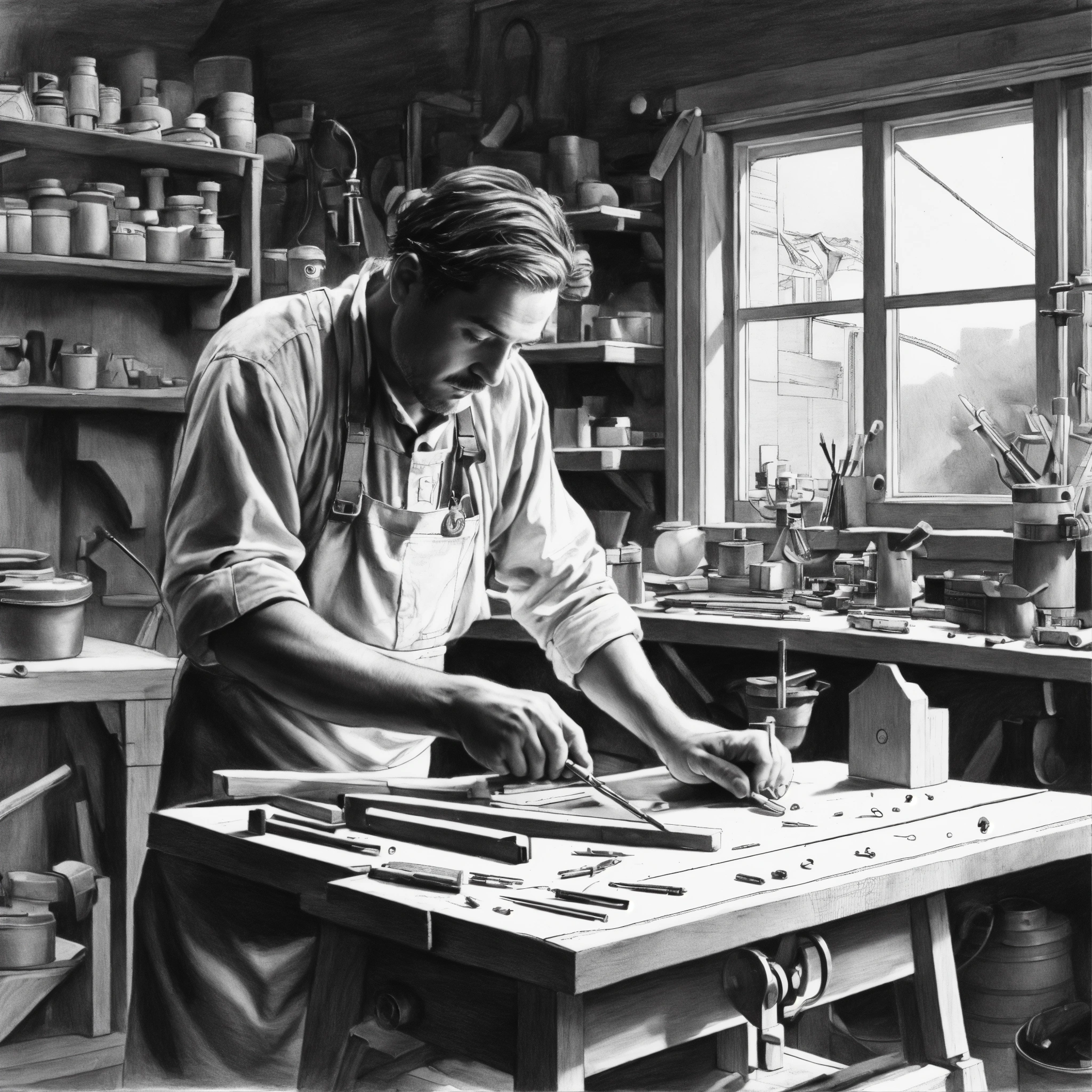 Lexica - Black and white drawing, a craftsman working on his workbench