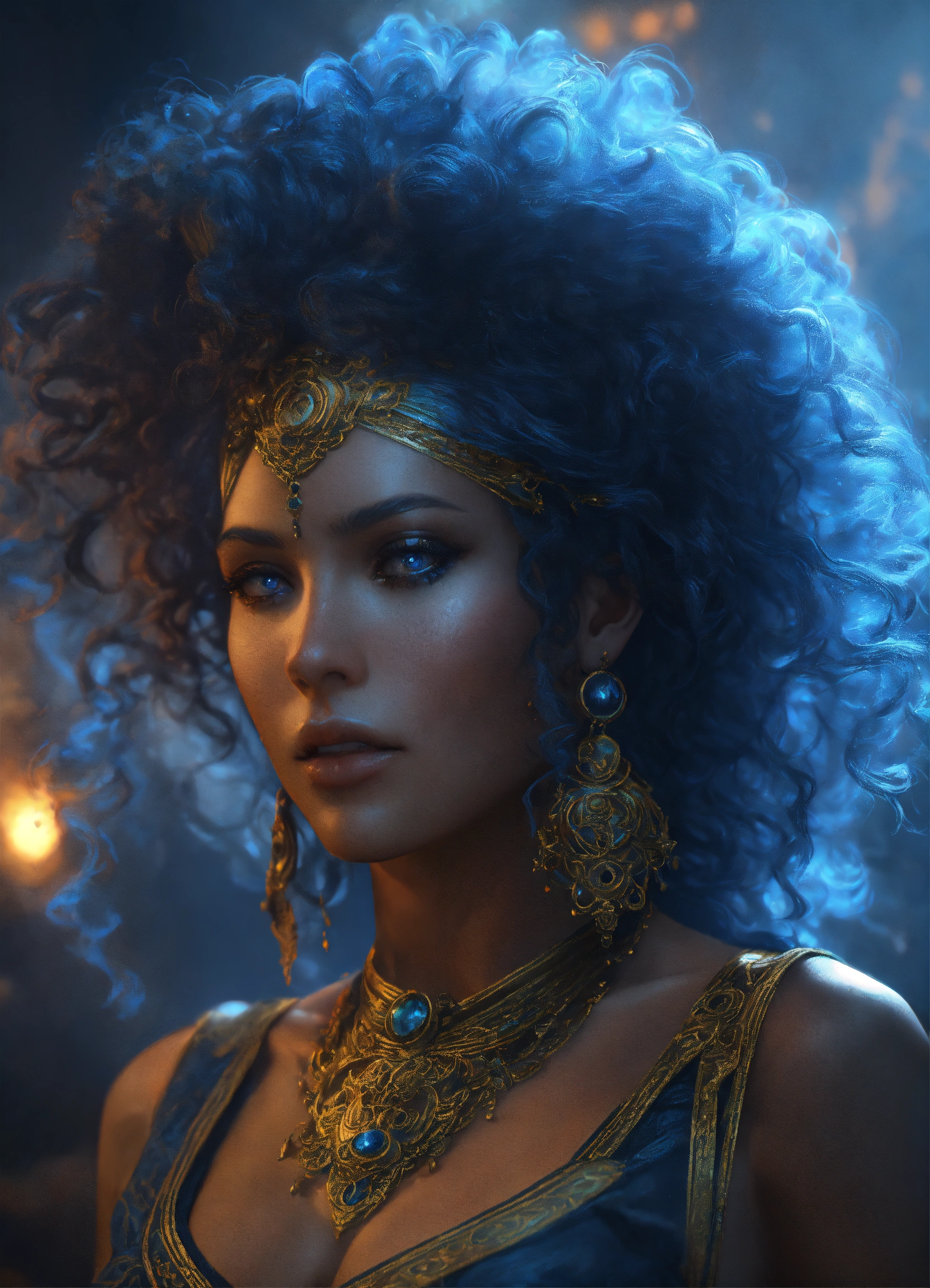 Lexica - "ethereal female genie", huge curly hair, blue skin, magic ...