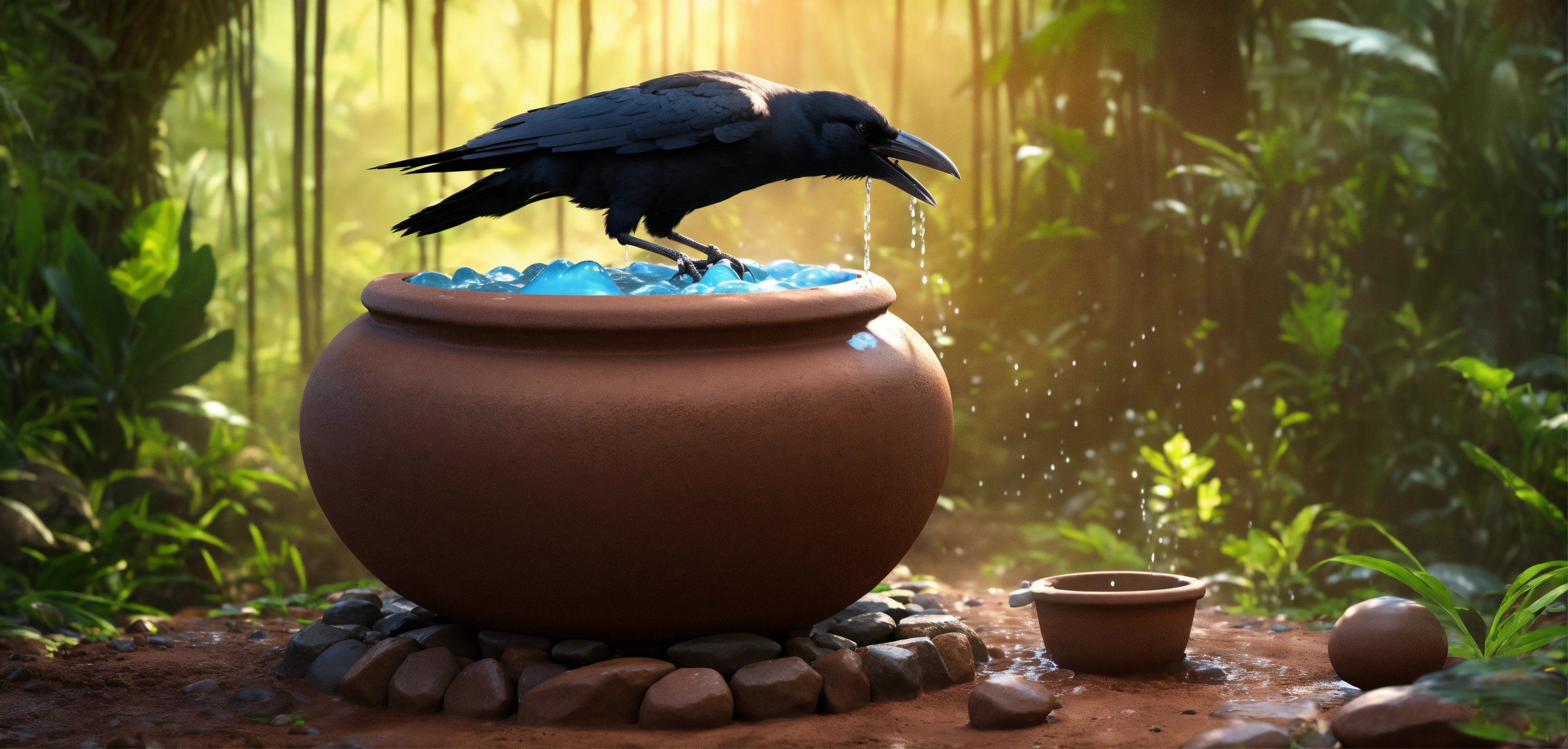 Lexica - 3d animation style crow putting stone in big clay pot fill ...
