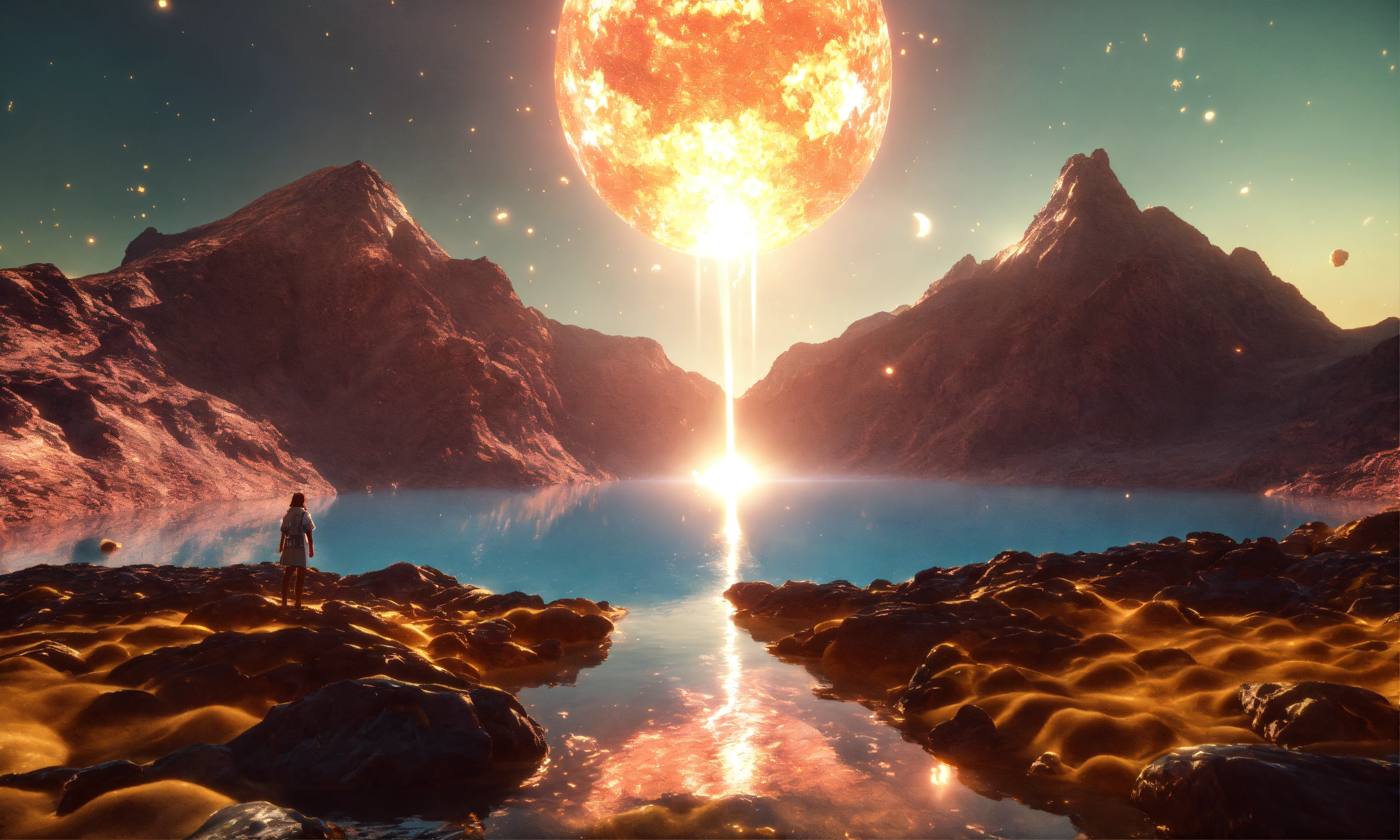 Lexica - Two ethereal water angel, mountain nebula, sun backgound ...