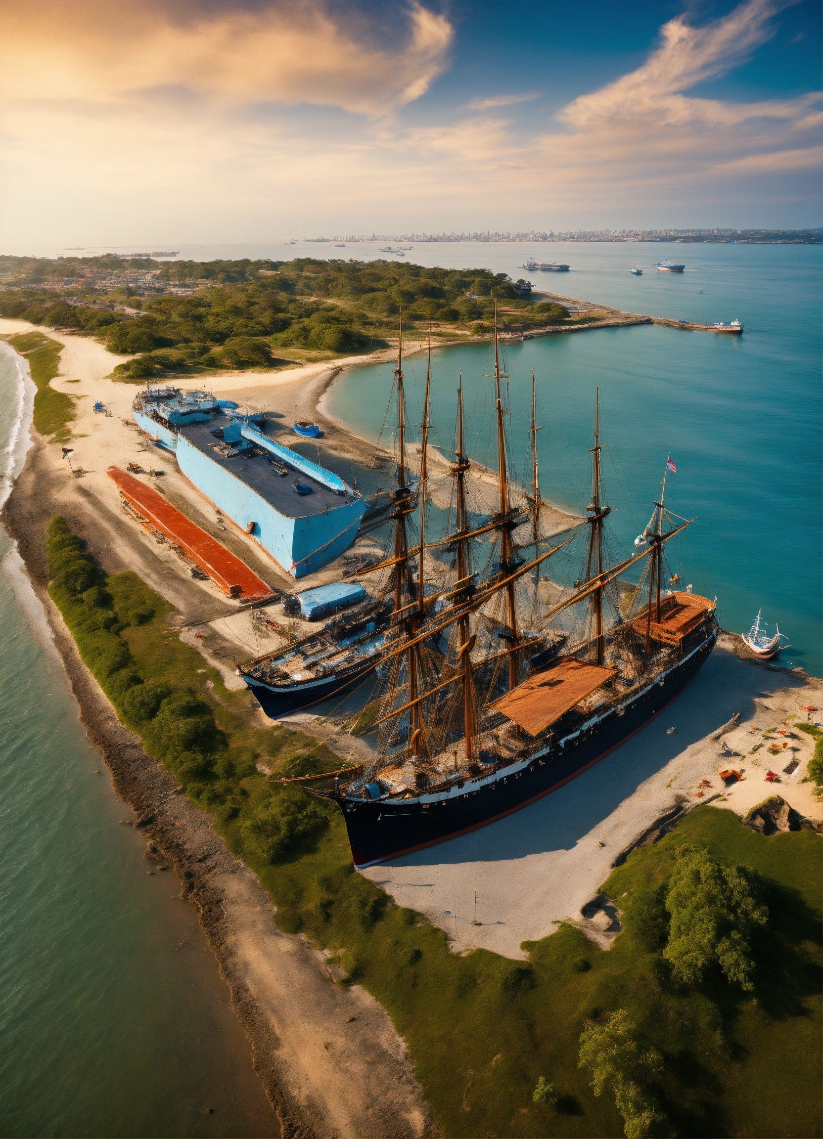 Lexica - Old ships on the coast, full details, bird's eye view.
