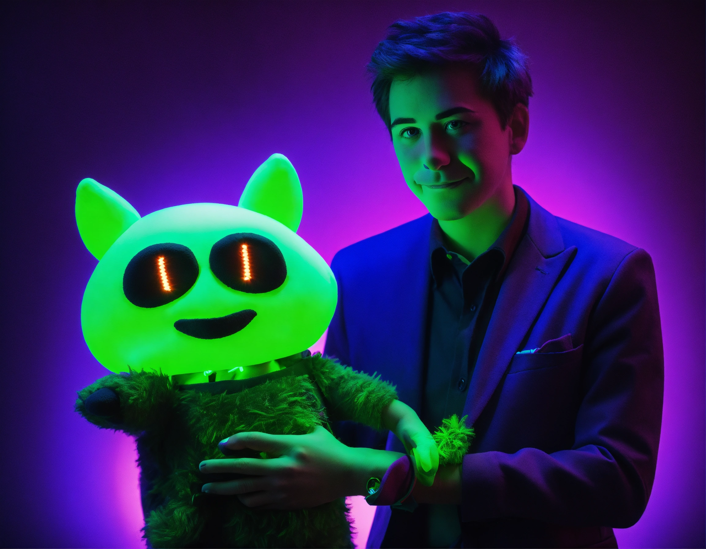 Lexica - Ventriloquist stands in front of purple background holding ...